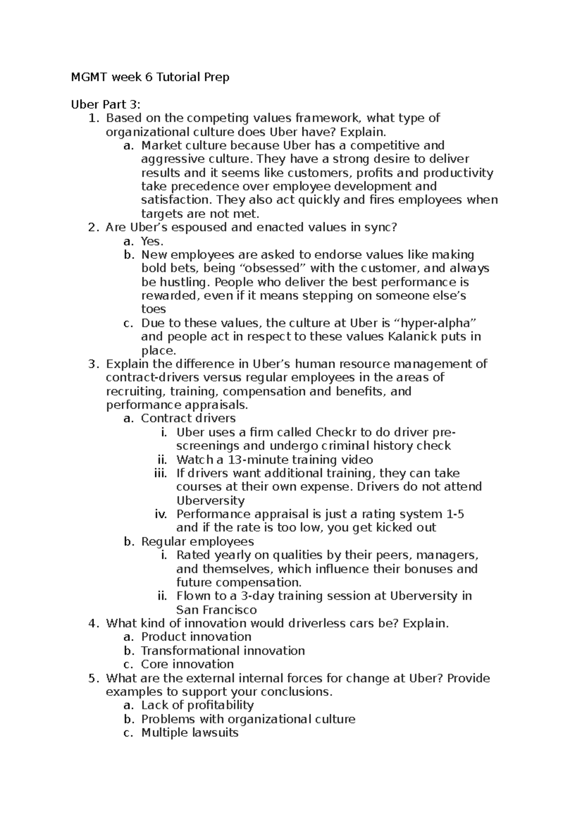 MGMT week 6 Tutorial Prep - MGMT week 6 Tutorial Prep Uber Part 3: 1 ...