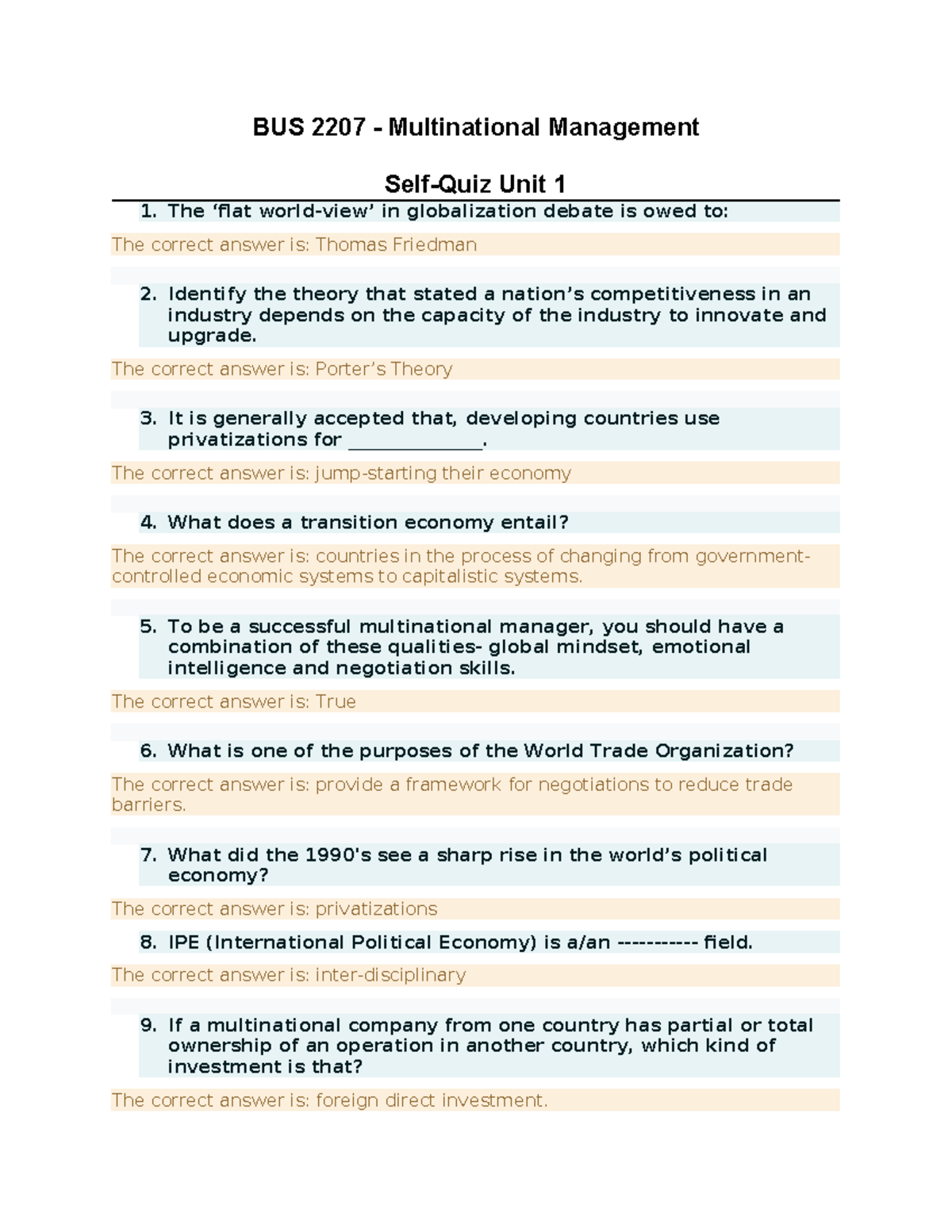 Quizes and Tests - Self Quizzes and Graded Quizzes from Unit 1-8 - BUS ...