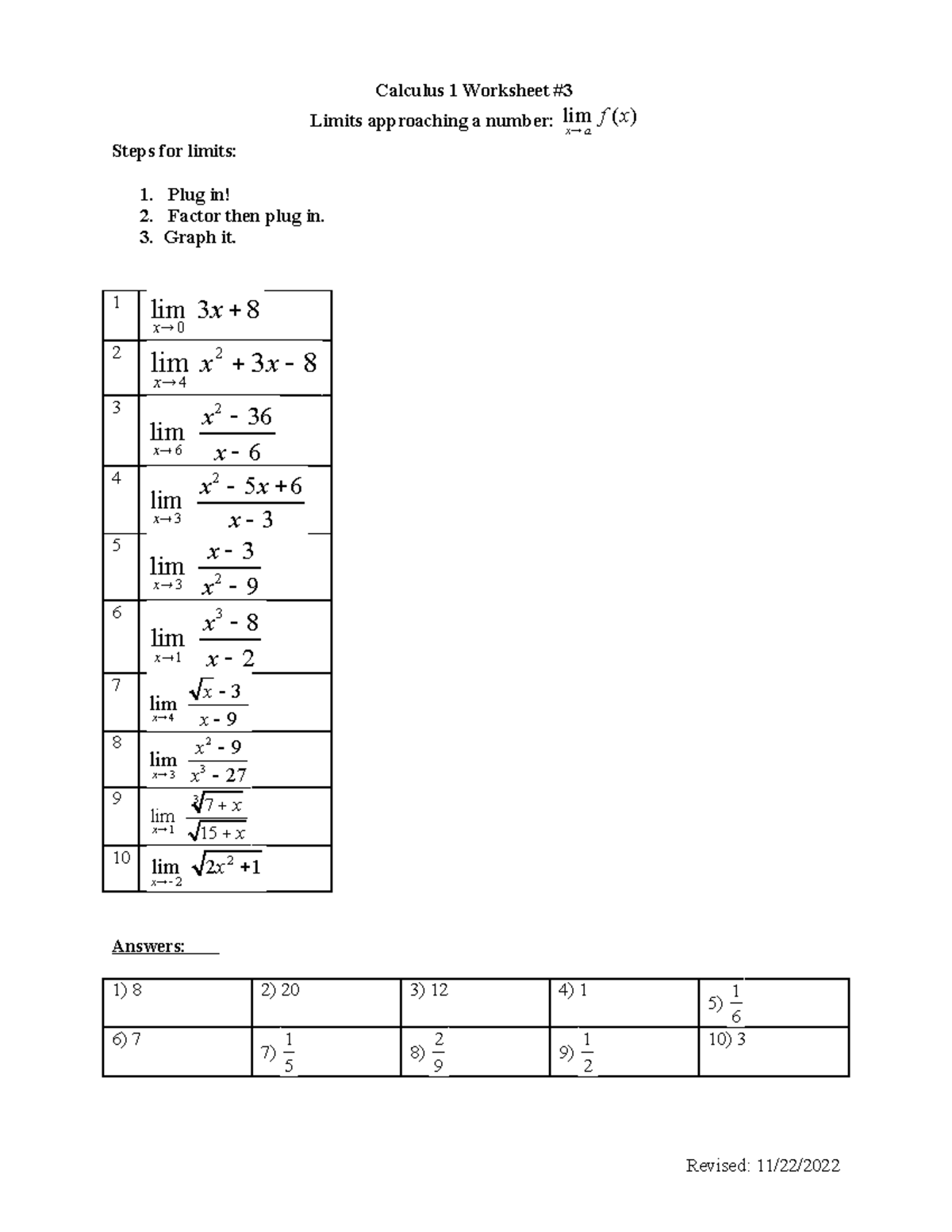 AB ws 003 Limits approaching a number - Calculus 1 Worksheet Limits ...