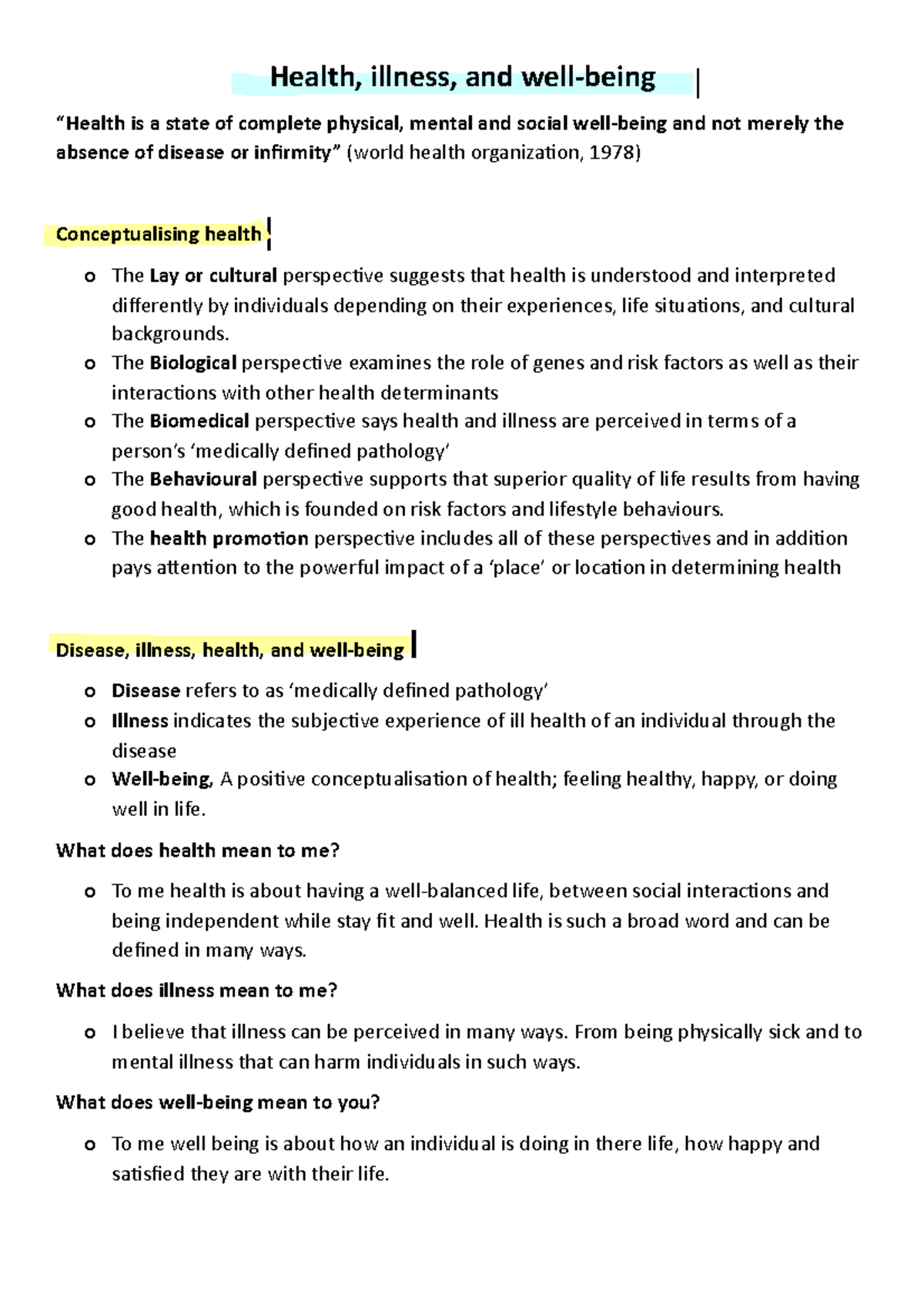 Health, ilness and wellbeing chapter 1 notes - Health, illness, and ...