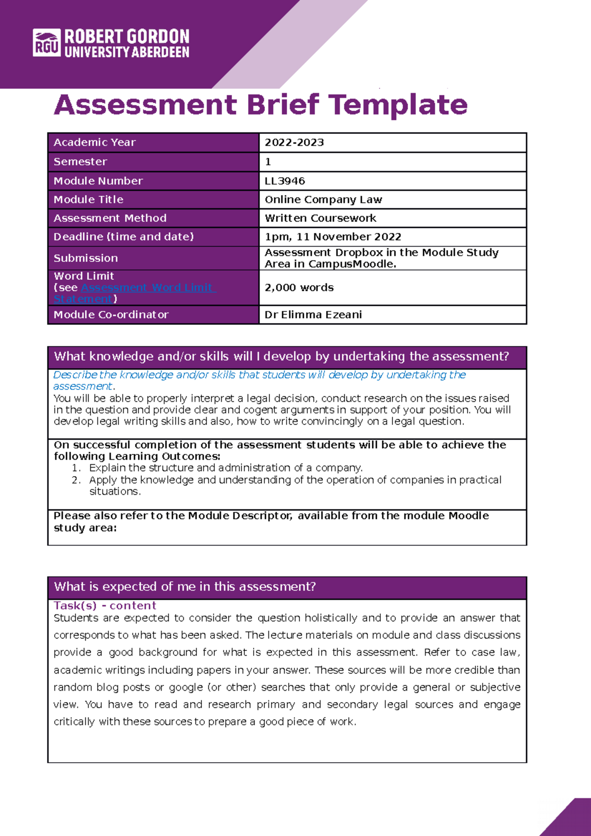 Company Law CW1 - Coursework questions - Assessment Brief Template ...