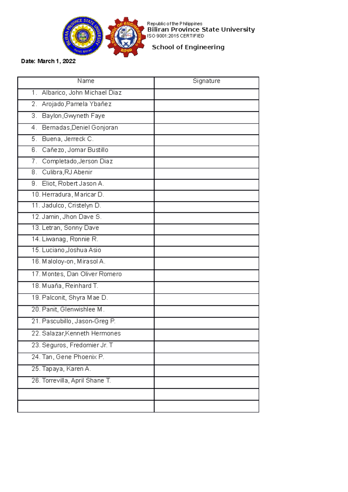 Attendance - sample format - Republic of the Philippines Biliran ...