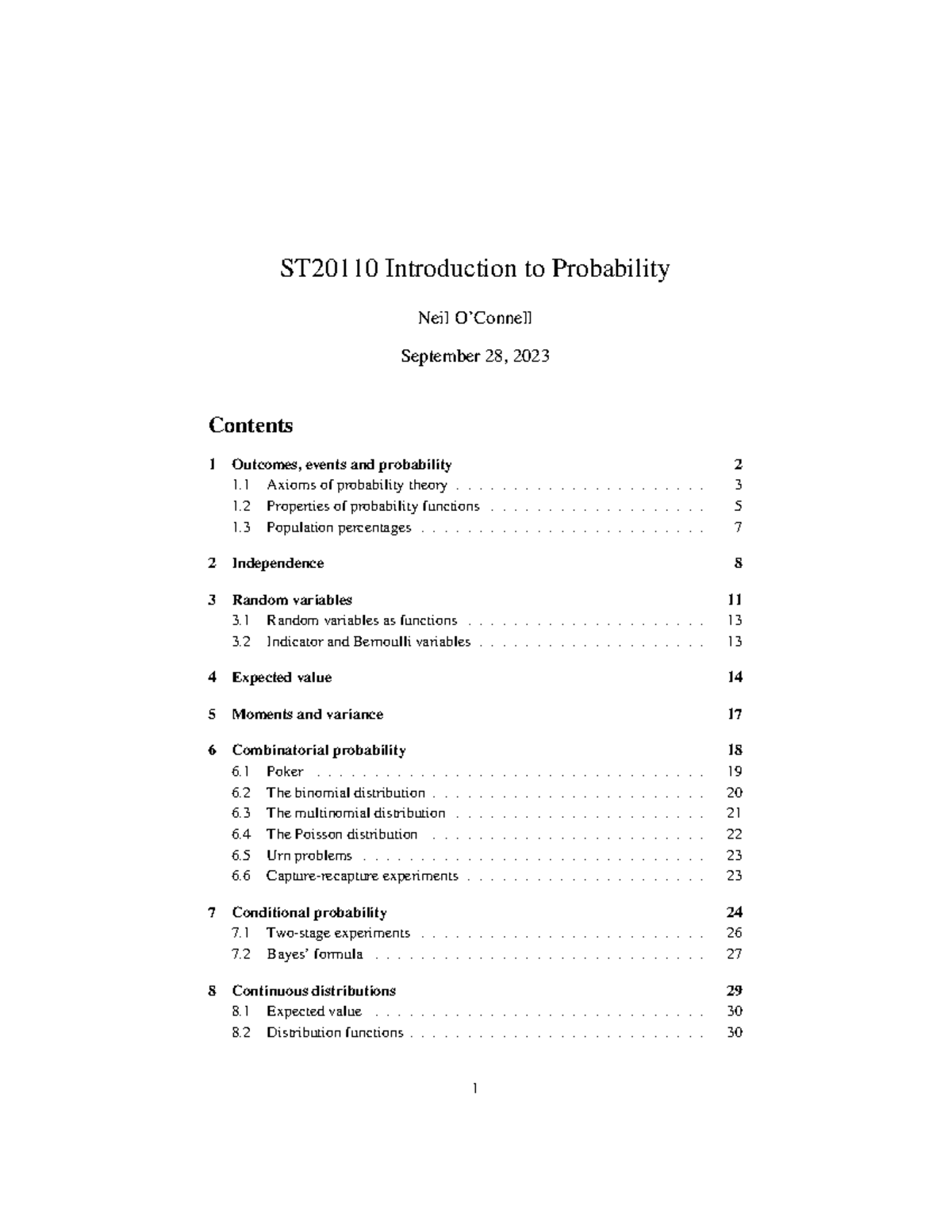 Notes - ST20110 Introduction to Probability - September 28, Neil O ...