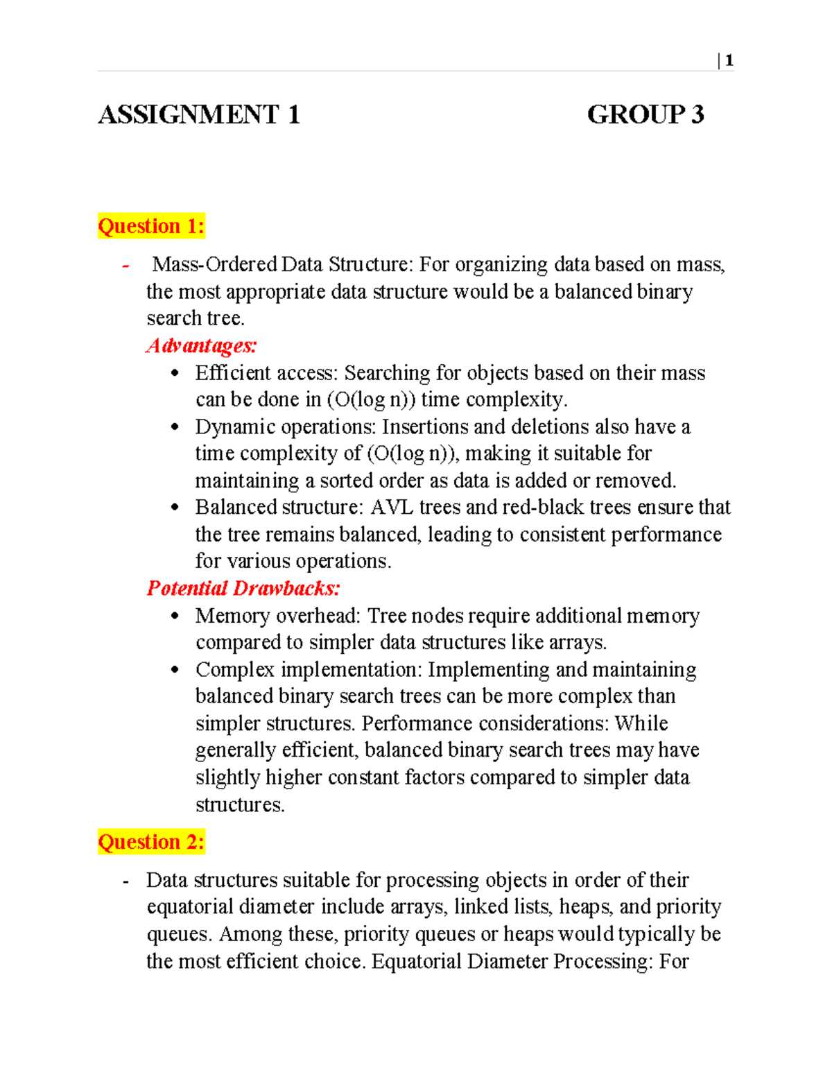 Assignment 1 Group 3 - okok - | 1 ASSIGNMENT 1 GROUP 3 Question 1: - Mass-Ordered Data Structure ...
