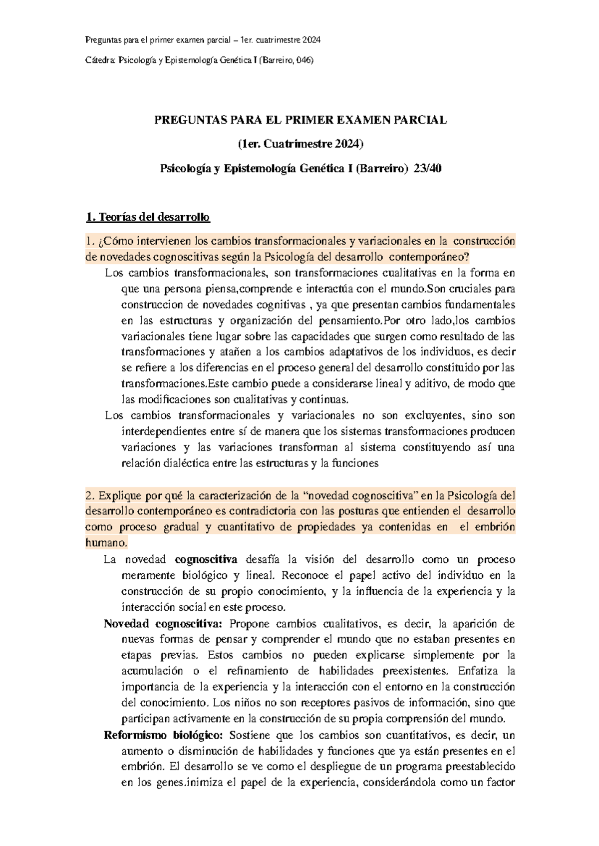 Preguntas Primer Parcial 1er. Cuatrimestre 2024 - Preguntas para el primer examen parcial – 1er ...