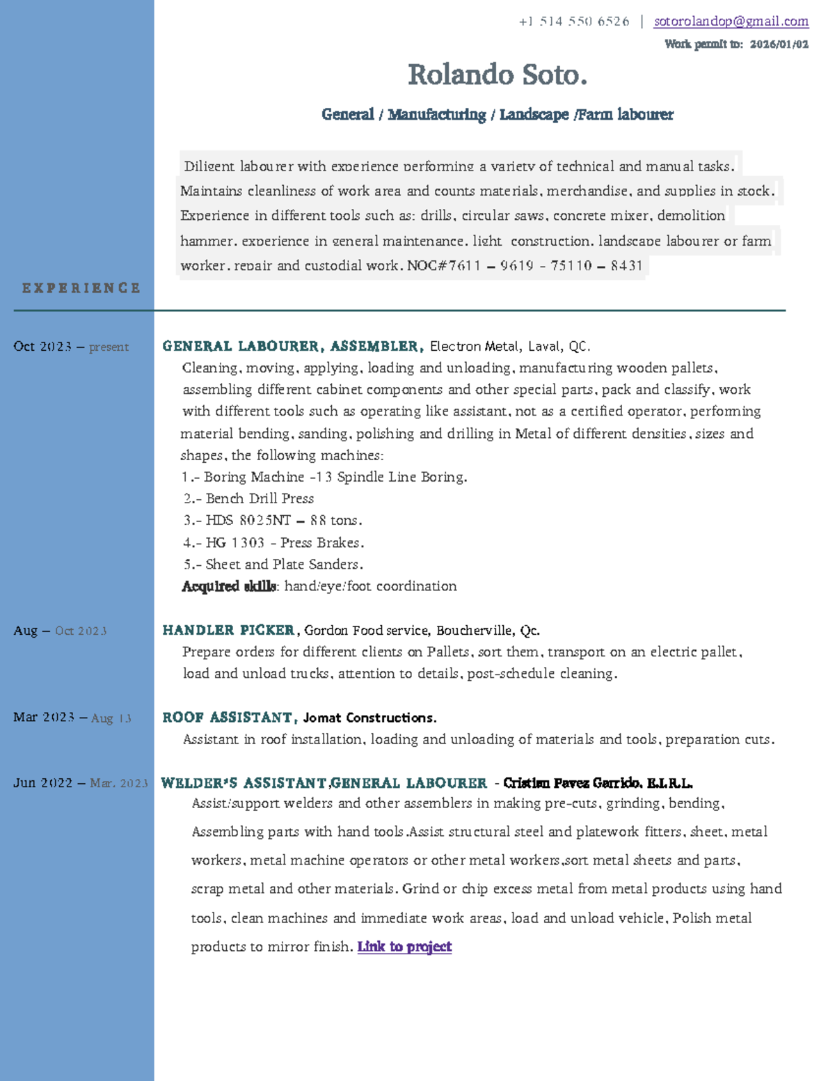 Resume Rolando Soto - Work permit to: 2026/01/ Rolando Soto. General ...