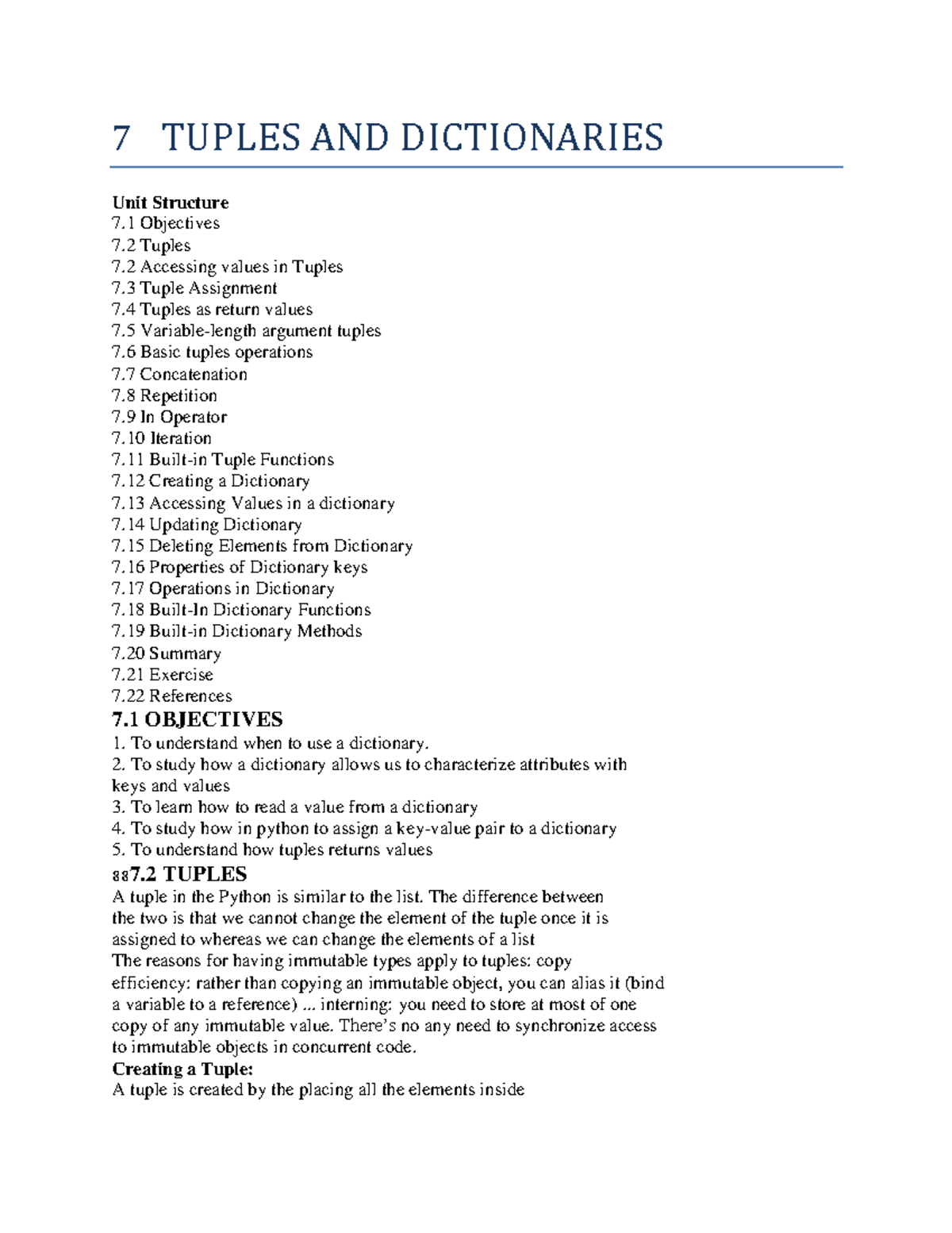 7 Tuples And Dictionaries 7 Tuples And Dictionaries Unit Structure 7 Objectives 7 Tuples 7
