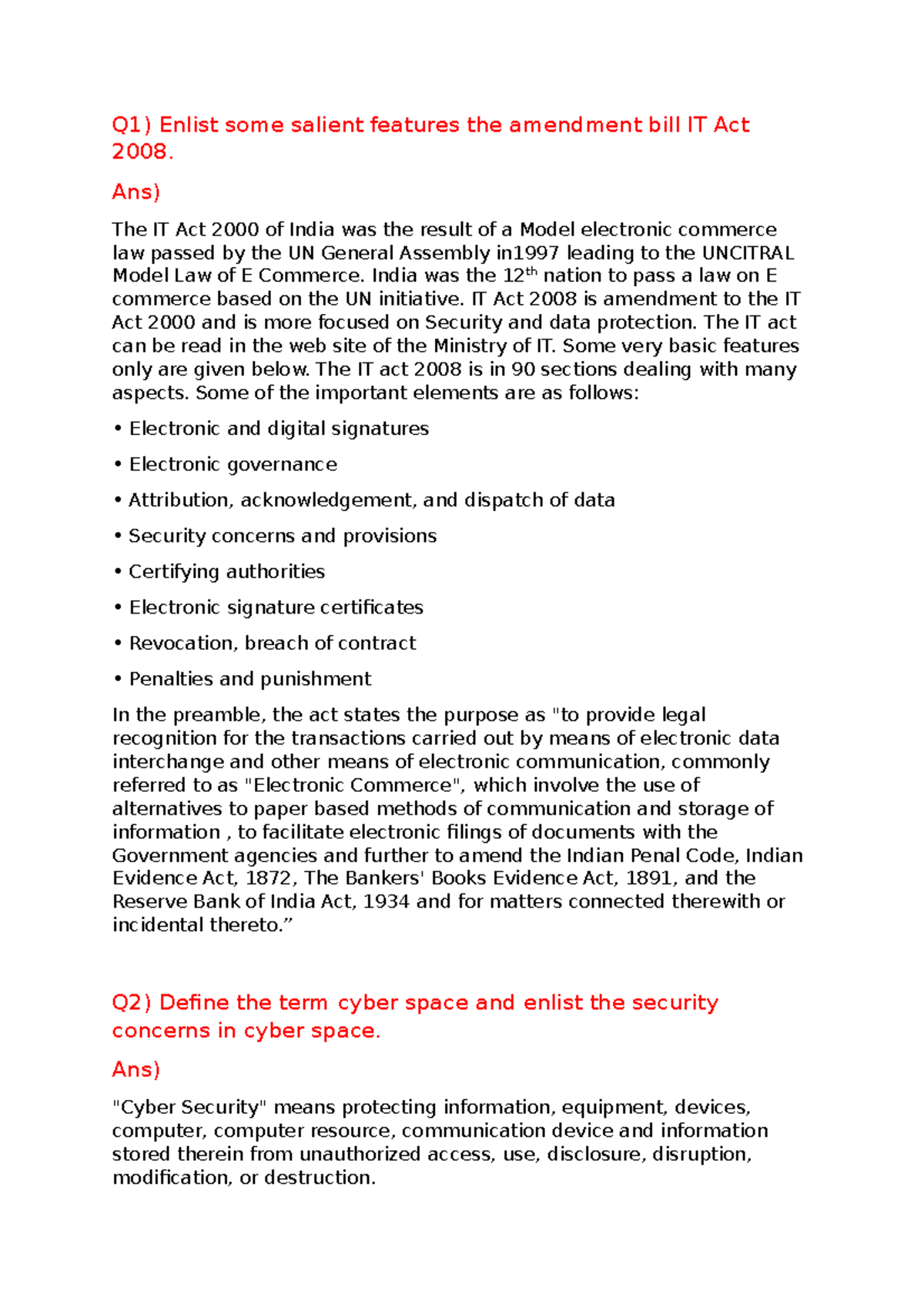 PPLE Assignment-4 - Assignment - Q1) Enlist some salient features the amendment bill IT Act 2008 ...