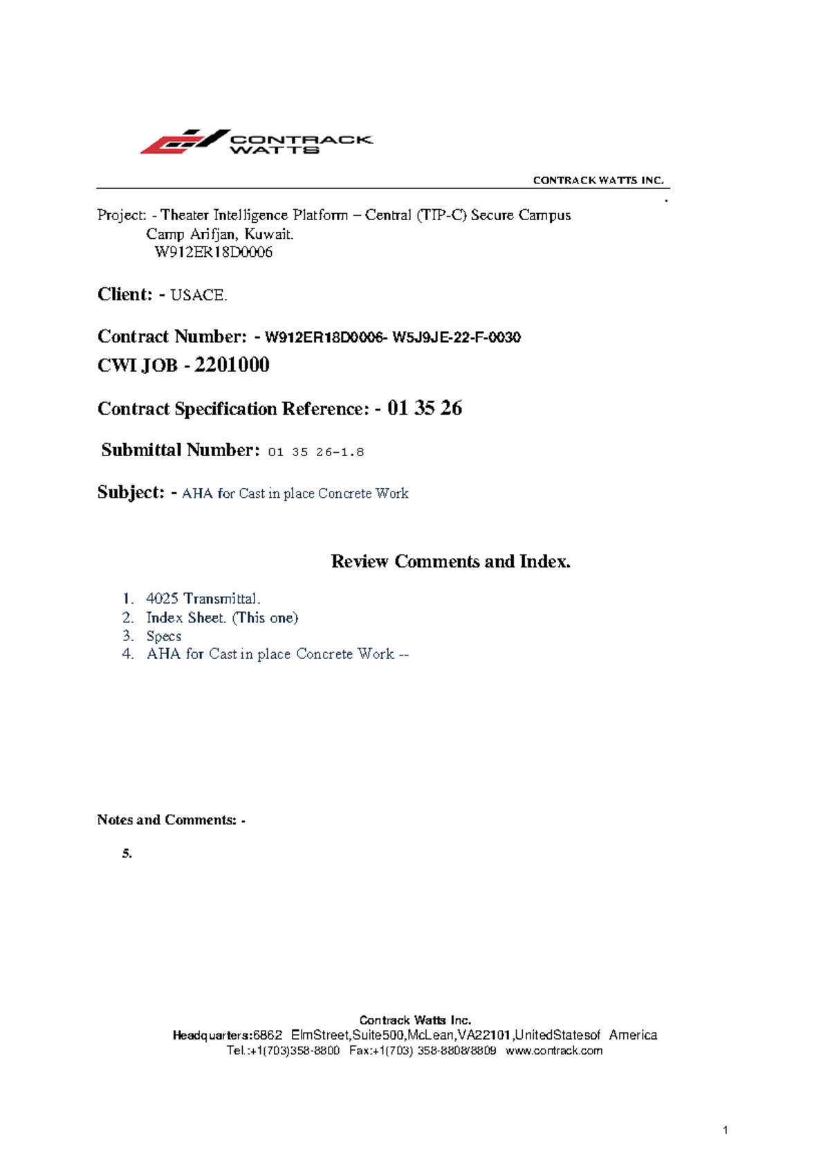 Submittal- 01 35 26 AHA for Cast in Place Concrete Work - . Project ...