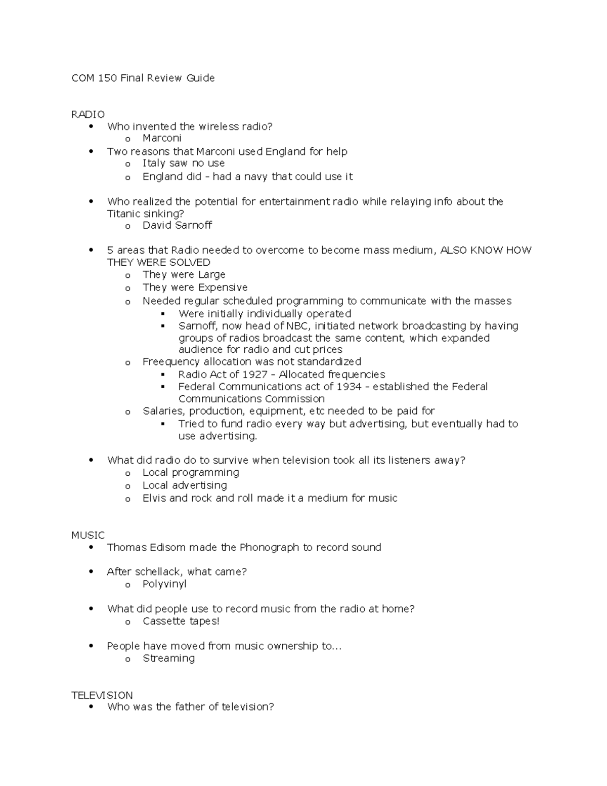 COM 150 Final Review Guide - COM 150 Final Review Guide RADIO Who ...