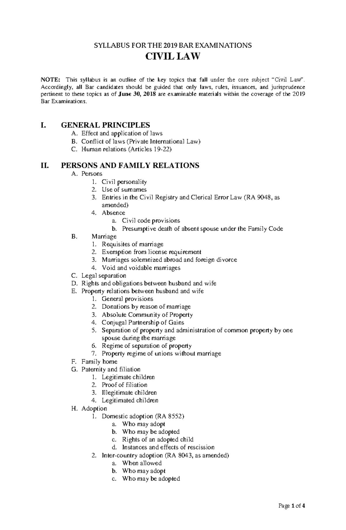 Civil-LAW - syllabi - SYLLABUS FOR THE 2019 BAR EXAMINATIONS CIVIL LAW ...