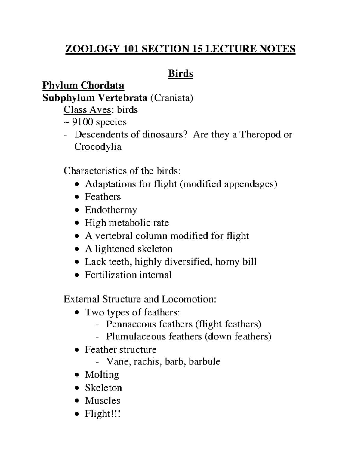 Zoology 101 Section 15 Lecture Notes AVES - ZOOLOGY 101 SECTION 15 ...