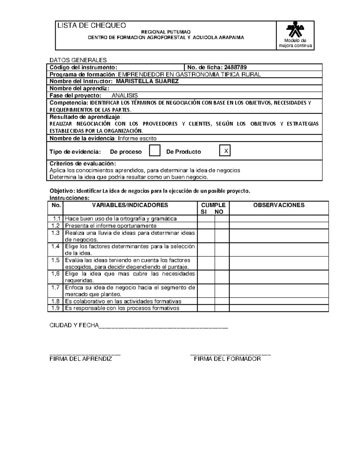 Analisis - Lista DE Chequeo - LISTA DE CHEQUEO REGIONAL PUTUMAO CENTRO DE FORMACION AGROFORESTAL ...