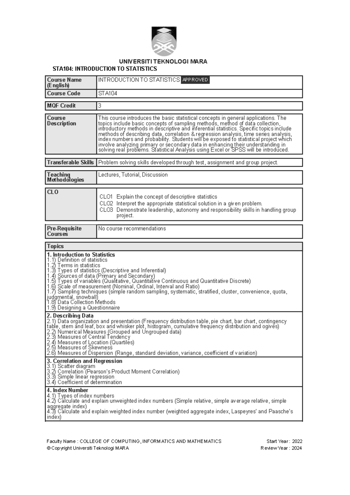 Course Introduction TO Statistics - UNIVERSITI TEKNOLOGI MARA STA104: INTRODUCTION TO STATISTICS ...