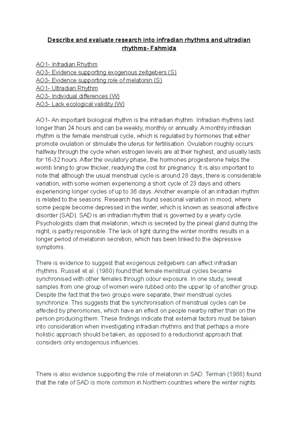 Infradian Rhythms and Ultradian Rhythms Essay - Describe and evaluate ...