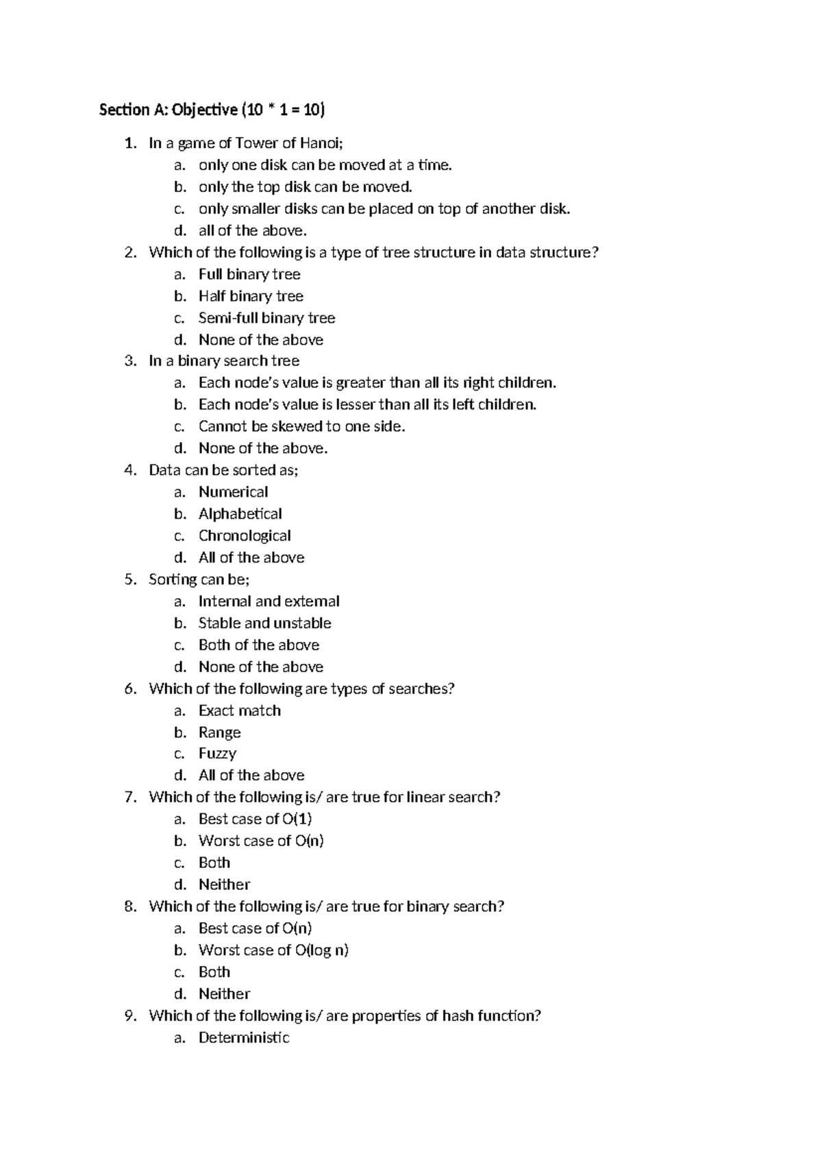 DSA Preboard - question paper - Section A: Objective (10 * 1 = 10) 1 ...