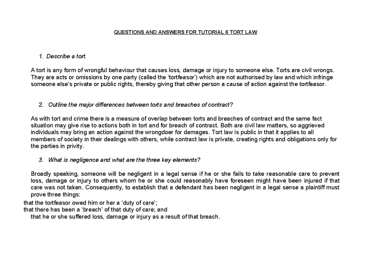 BU 1112 - Tutorial 6 Tort law Answers - QUESTIONS AND ANSWERS FOR ...