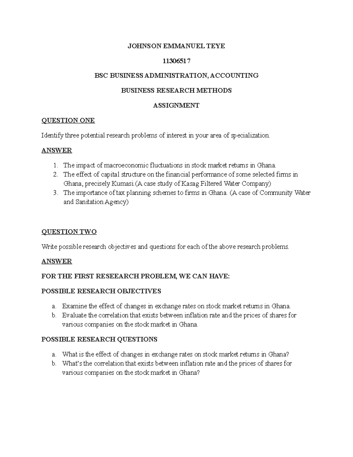 BUSINESS RESEARCH ASSIGNMENT ON RESEARCH OBJECTIVES AND QUESTIONS ...