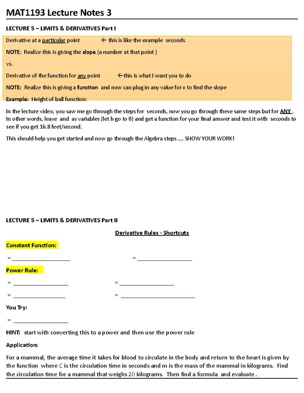 Lecture Notes 3 Derivatives Shortcuts - MAT1193 Lecture Notes 3 LECTURE ...