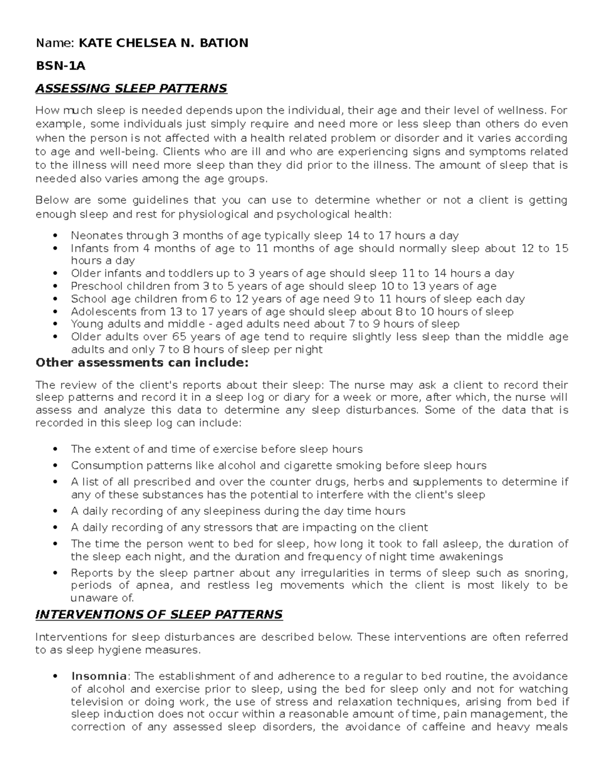 Assessing sleep patterns - Name: KATE CHELSEA N. BATION BSN-1A ...