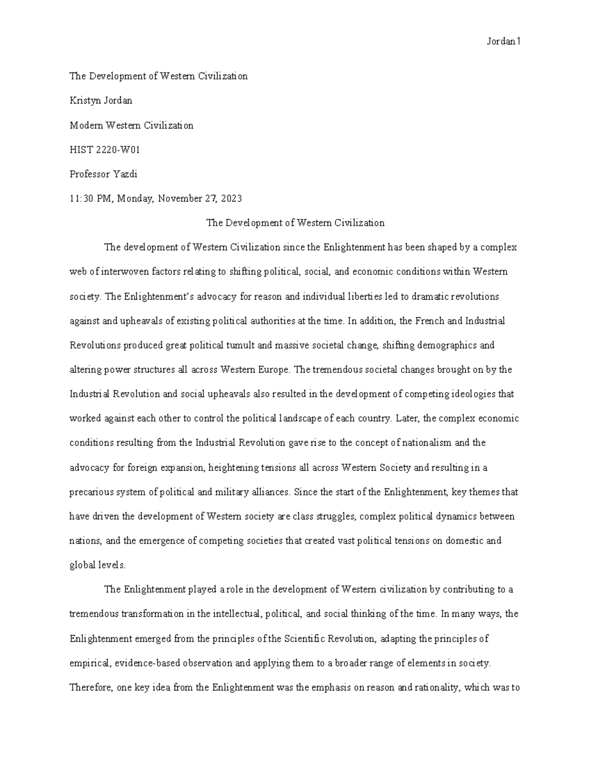 Comprehensive Essay - Modern Western Civilization - The Development of ...