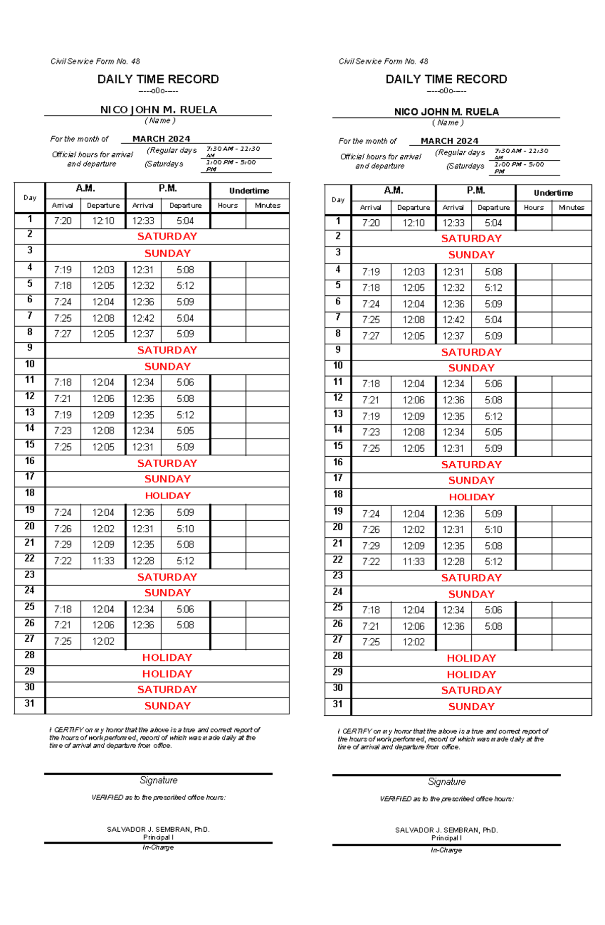 DTR - March 2024 - time record sample - Civil Service Form No. 48 DAILY ...