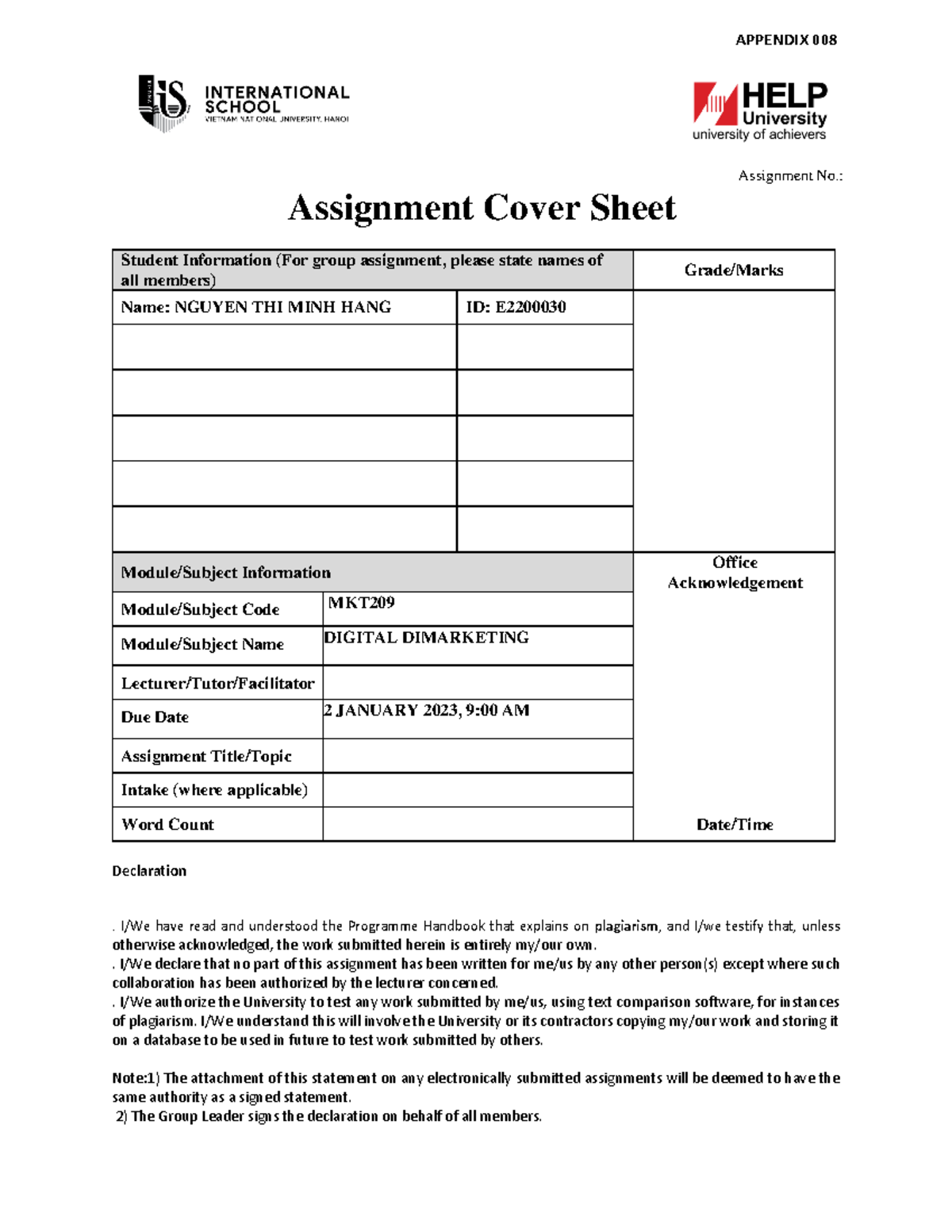 MKT209- Final- Nguyen THI MINH HANG-E22000 30 - APPENDIX 008 Assignment ...