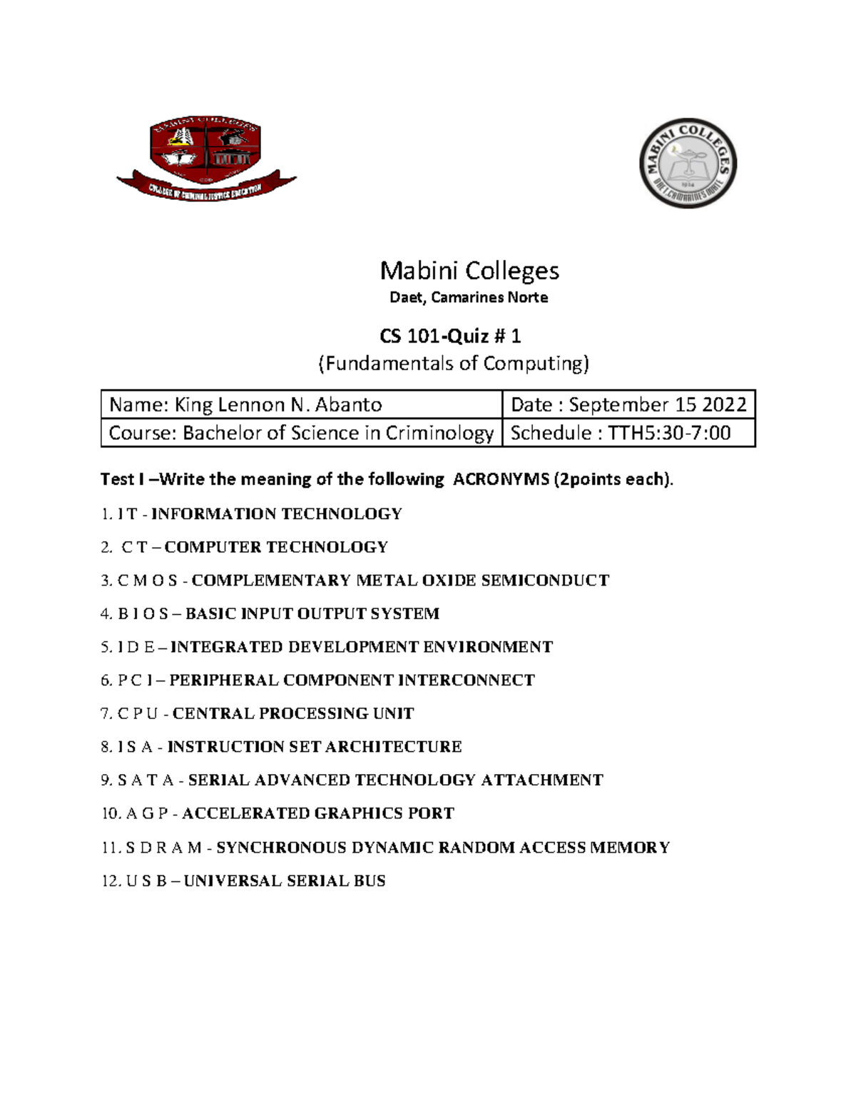 1 Fundamental Computing - Mabini Colleges Daet, Camarines Norte CS 101-Quiz # 1 (Fundamentals of ...