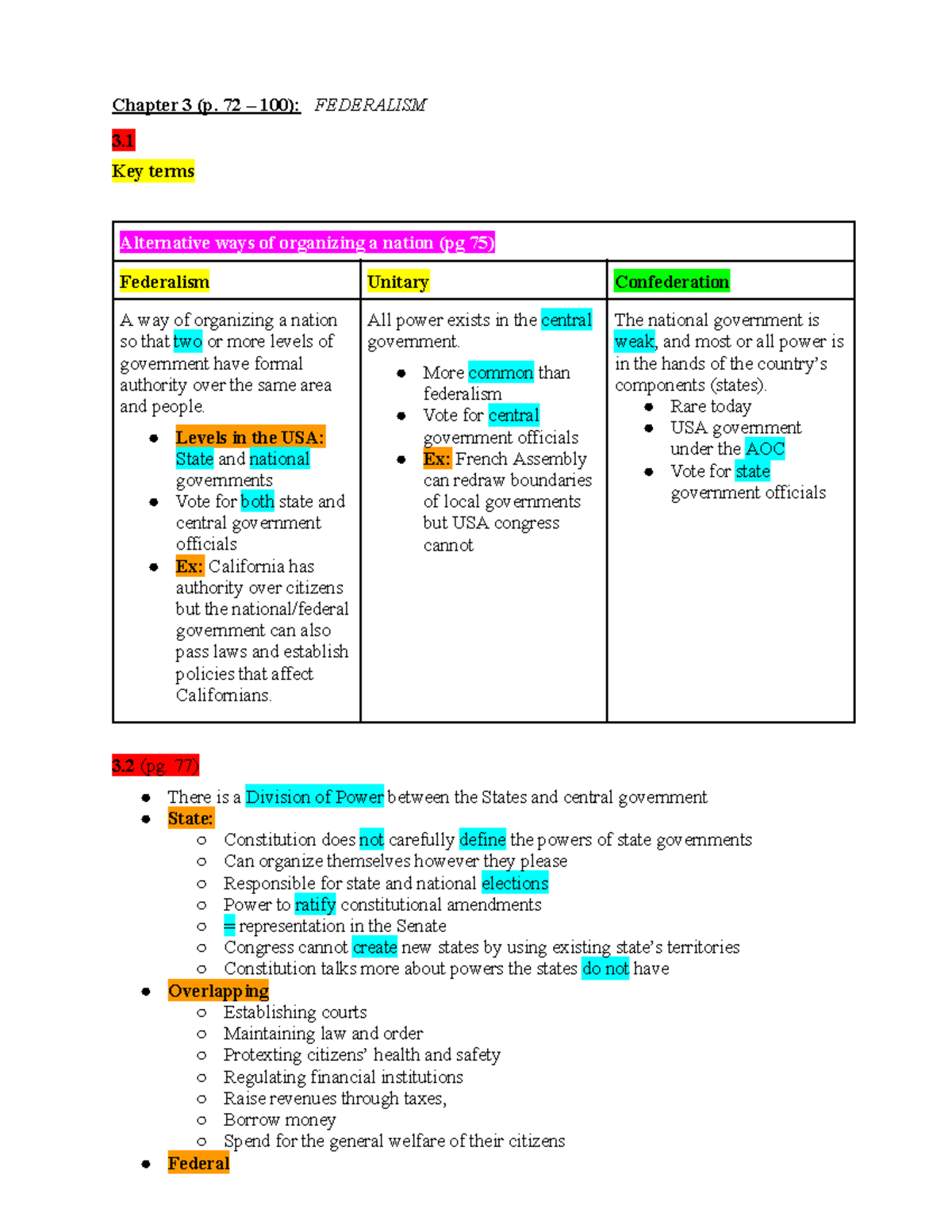 Ch 3 Question Set or Outline - Chapter 3 (p. 72 – 100): FEDERALISM 3 ...