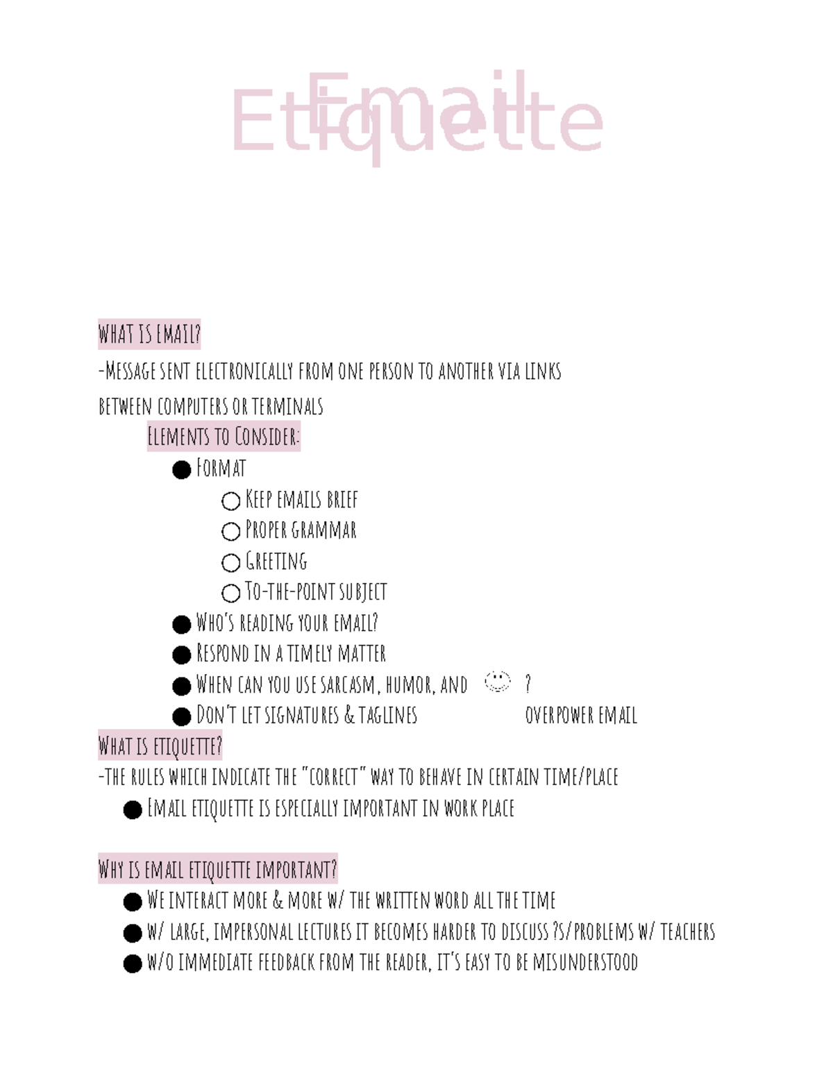 Email Etiquette Notes - WHAT IS EMAIL? -Message sent electronically ...