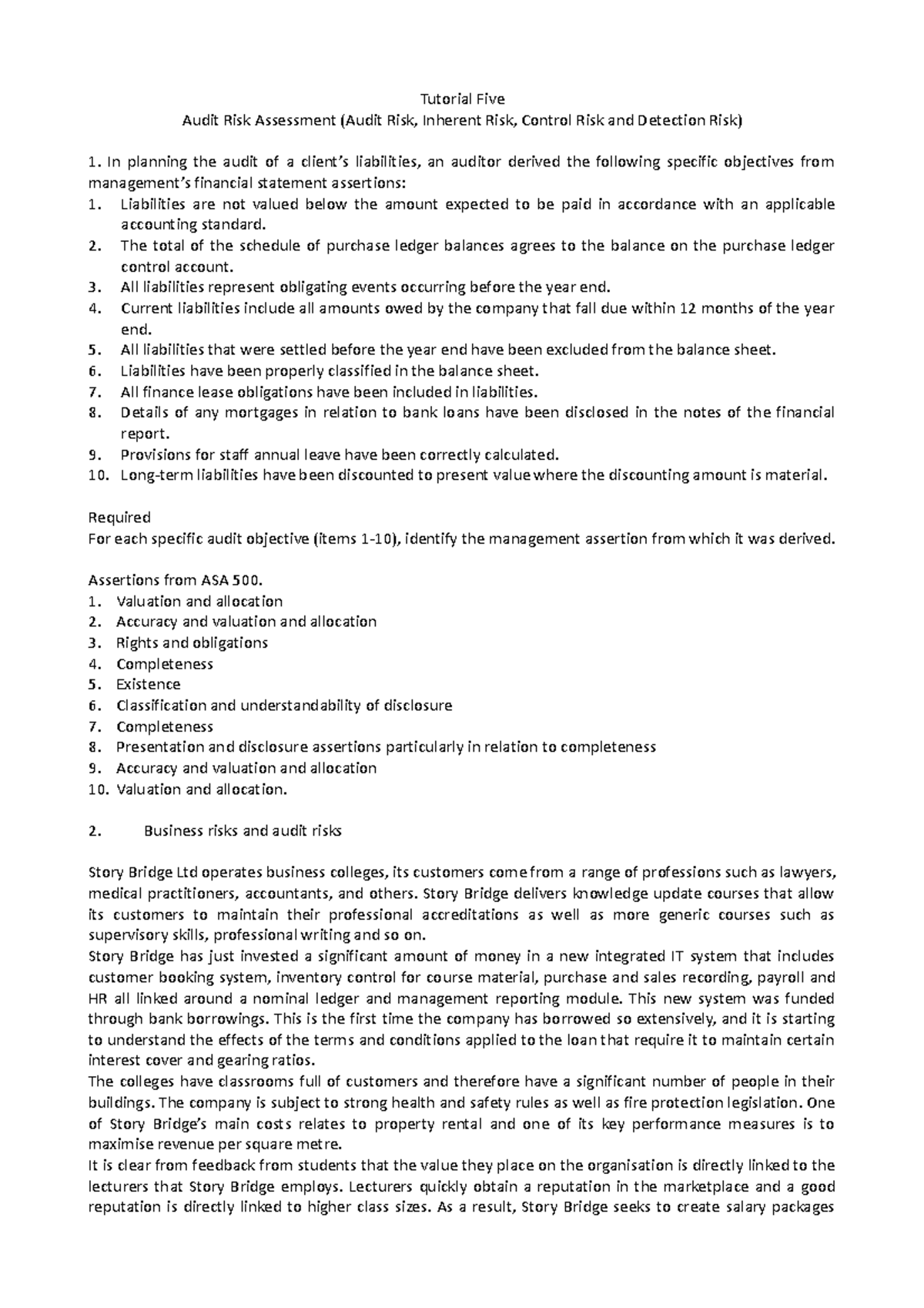 T5 solutions - Tutorial Five Audit Risk Assessment (Audit Risk ...