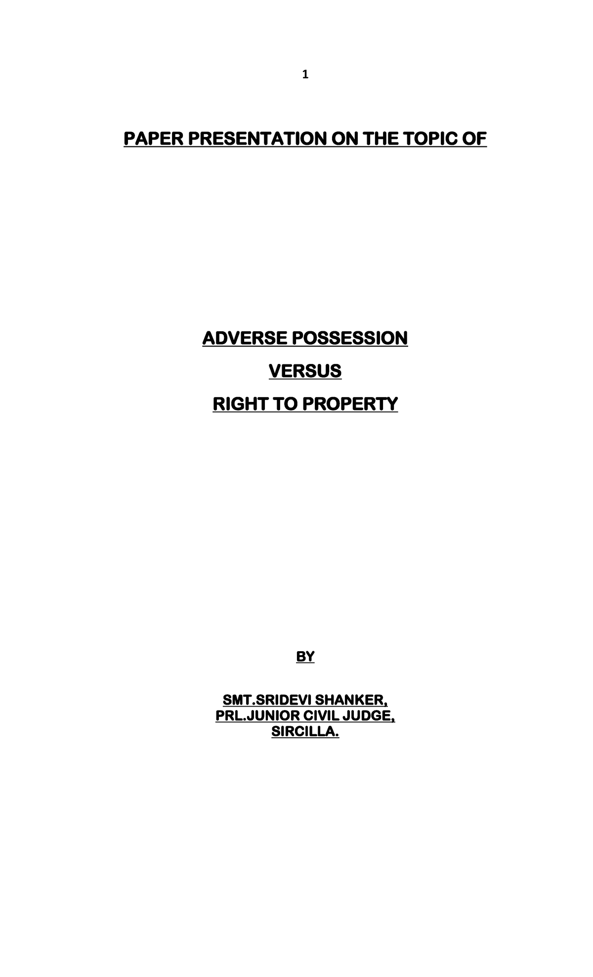 Adverse Possession By Smt Sridevi Shanker Prl JCJ Siricilla - PAPER ...