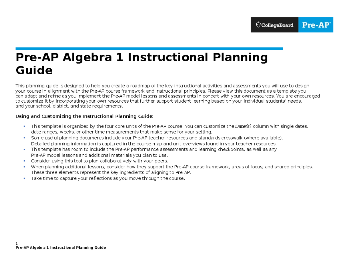 Pre ap algebra 1 instructional planning guide template - Pre-AP Algebra ...