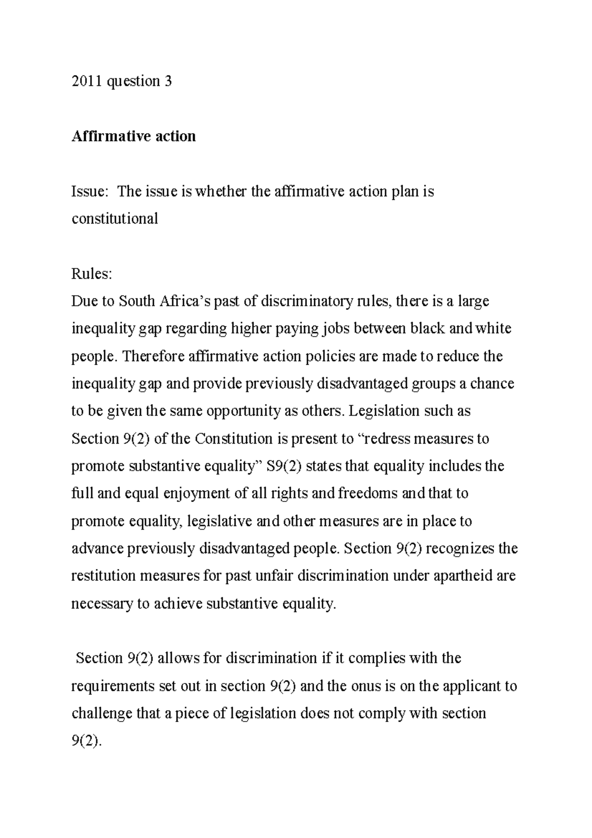 Affirmitive action answer - 2011 question 3 Affirmative action Issue ...