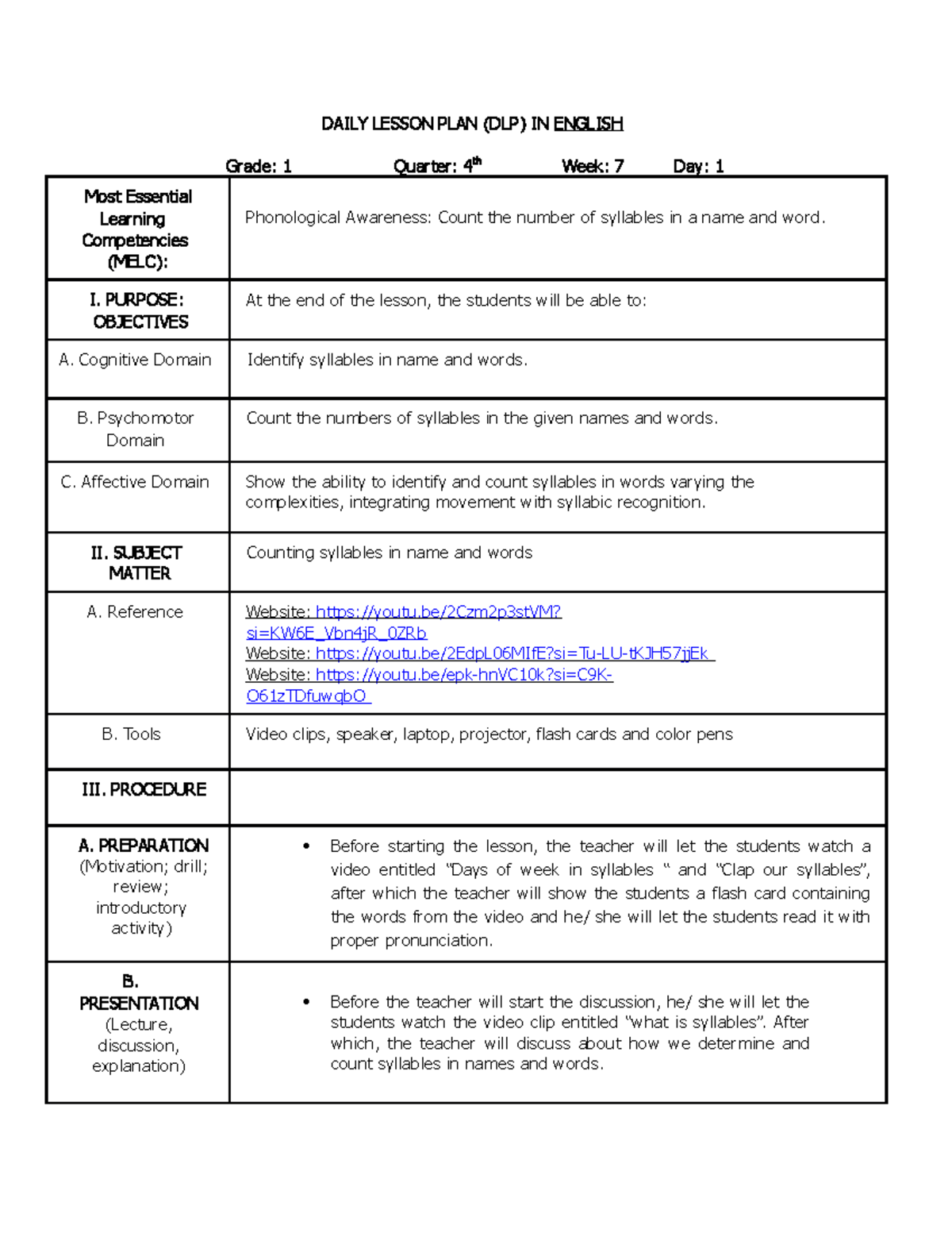 Lesson for education 101 - DAILY LESSON PLAN (DLP) IN ENGLISH Grade: 1 ...