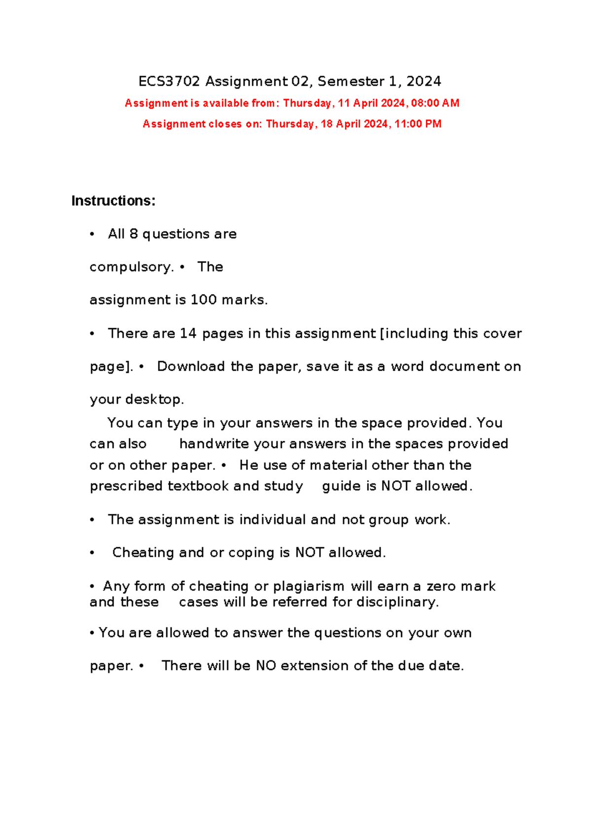 All Document Reader 1712826734263 - ECS3702 Assignment 02, Semester 1, 2024 Assignment is ...