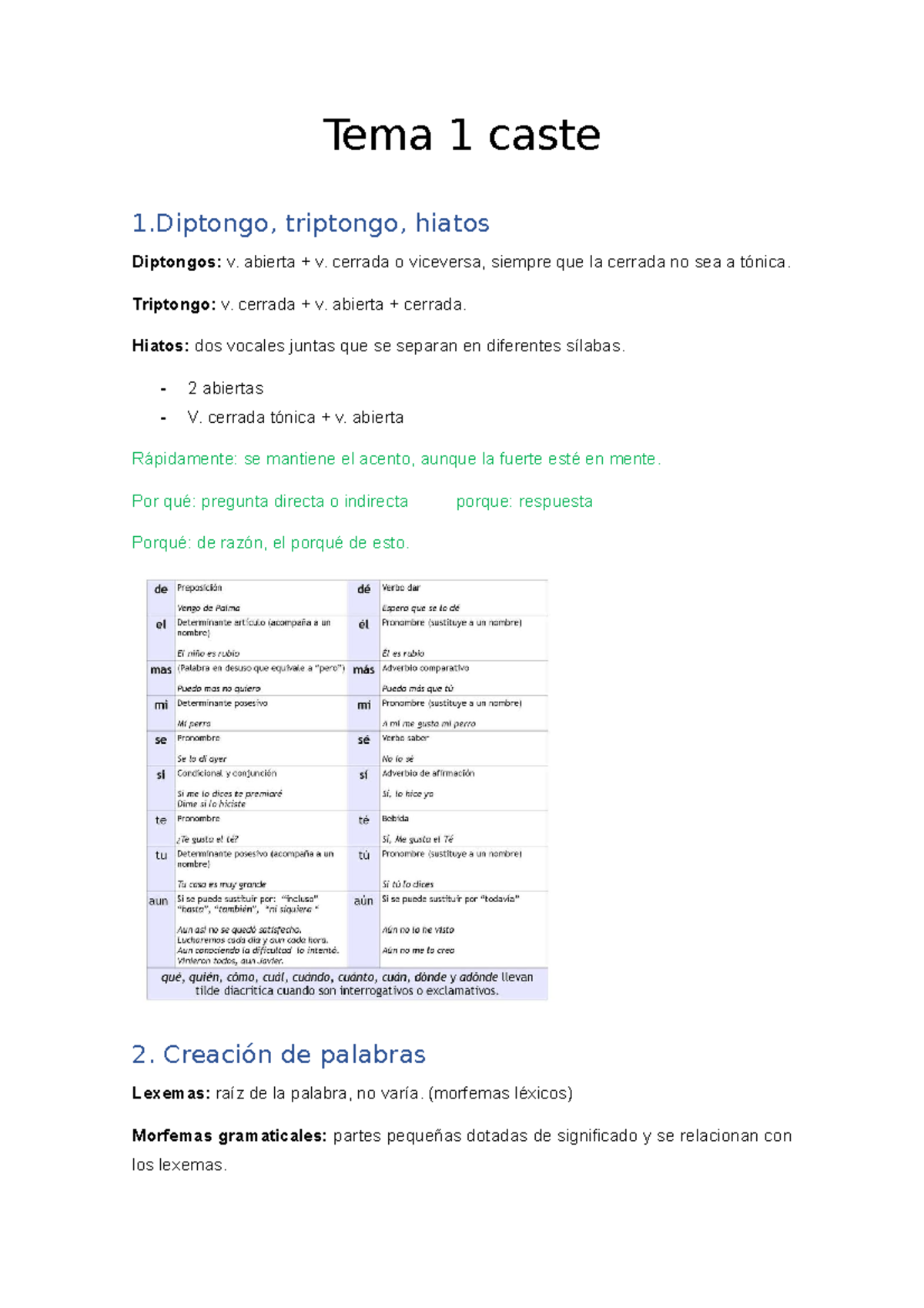 Tema 1 caste - TEMA 1 I 2 - Tema 1 caste 1, triptongo, hiatos Diptongos: v. abierta + v. cerrada ...