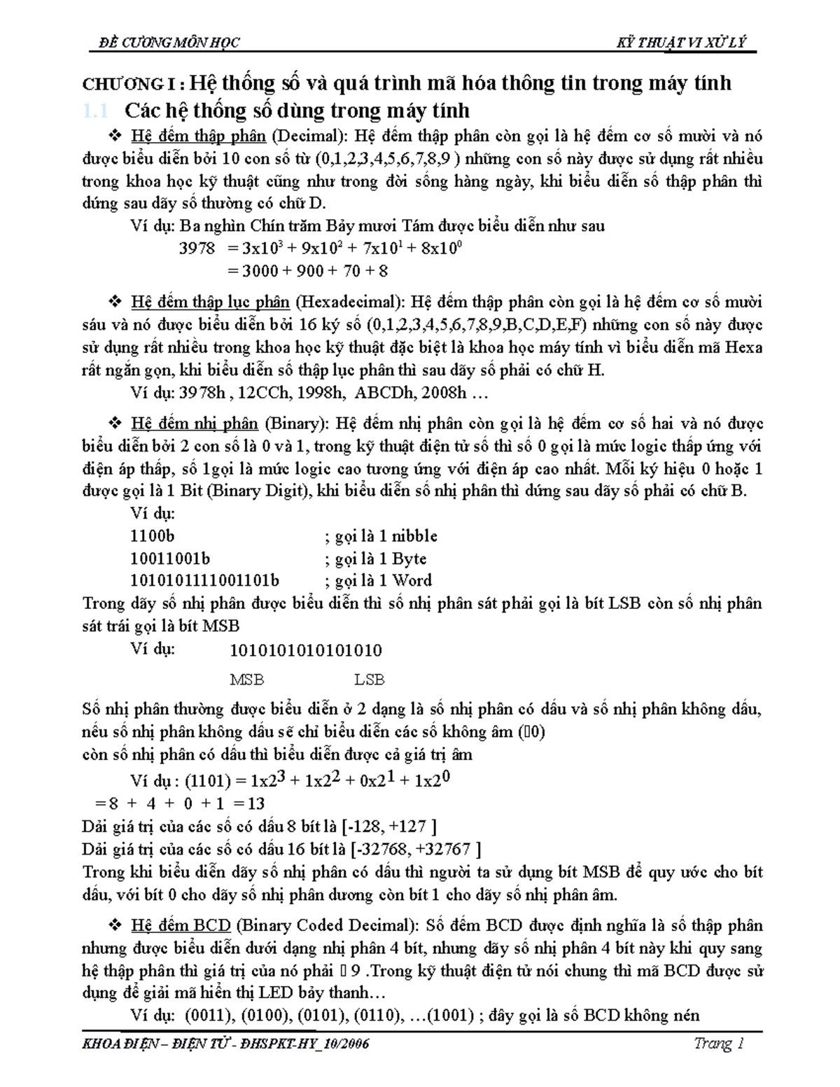 De cuong bai giang VXL - de cuuong - CHƯƠNG I : Hệ thống số và quá trình mã hóa thông tin trong ...