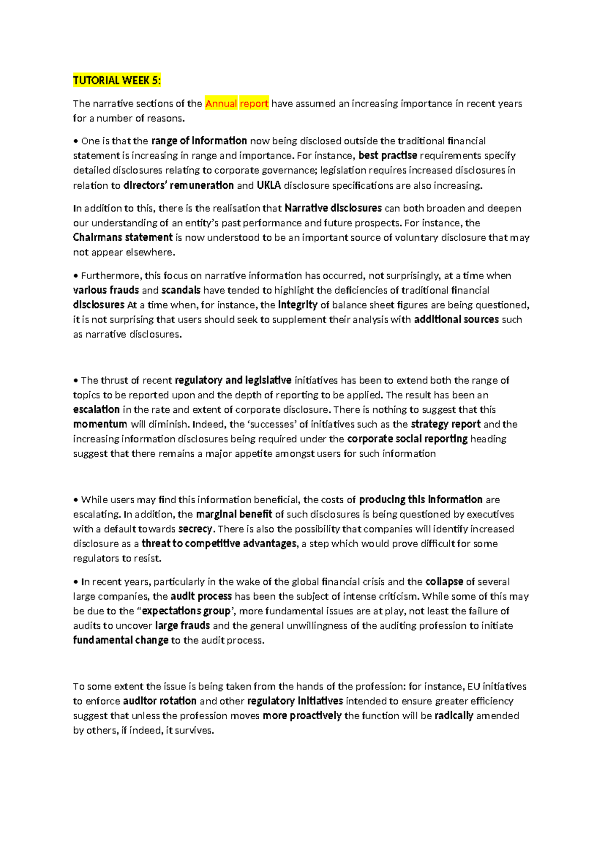AC4305 tutorial - TUTORIAL WEEK 5: The narrative sections of the Annual report have assumed an ...