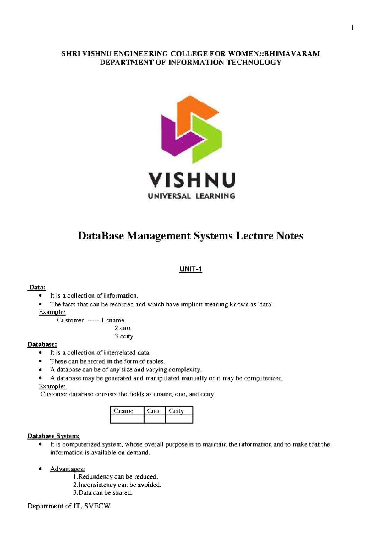 Database pdf - SHRI VISHNU ENGINEERING COLLEGE FOR WOMEN::BHIMAVARAM DEPARTMENT OF INFORMATION ...