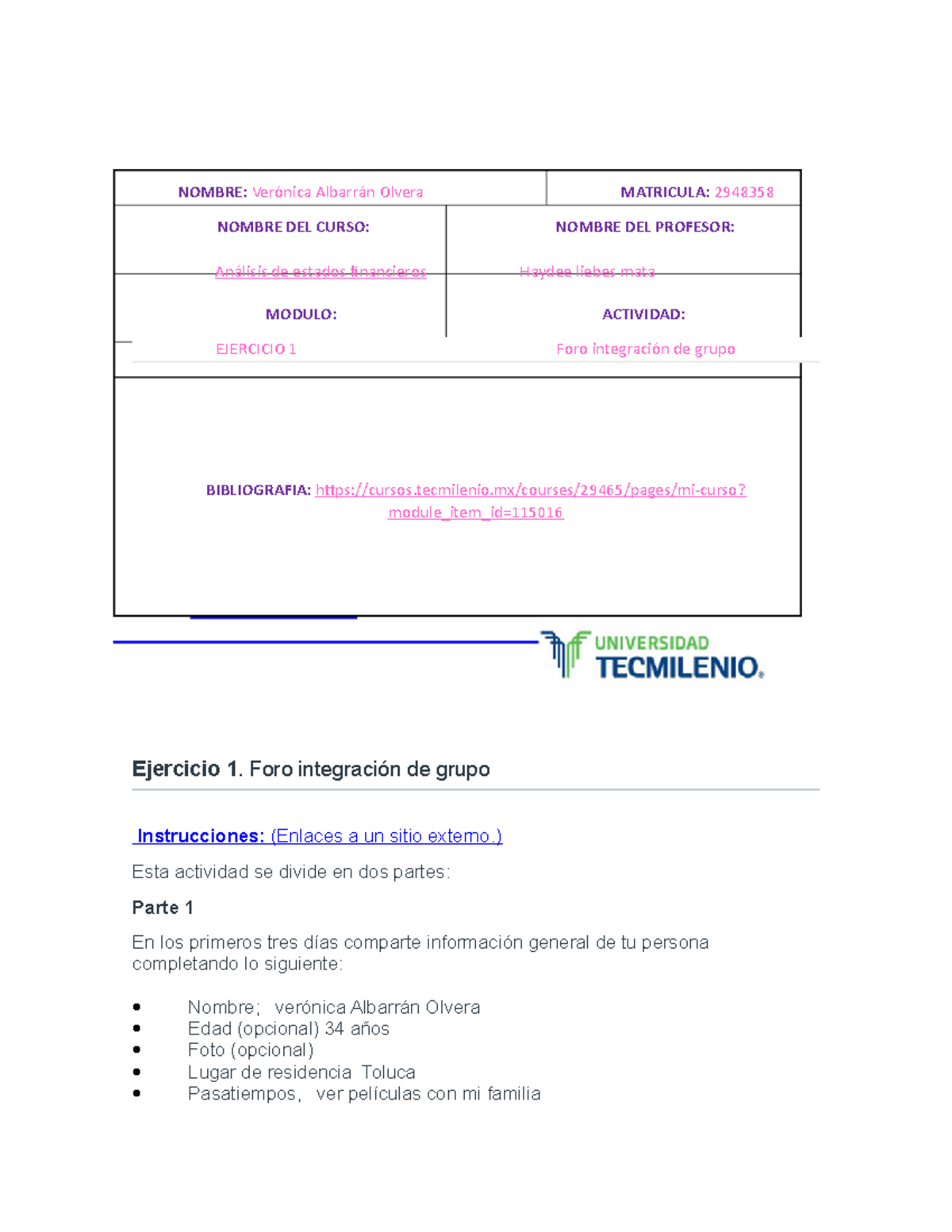 Ejercicio 1 administración del proyecto com - NOMBRE: Verónica Albarrán ...