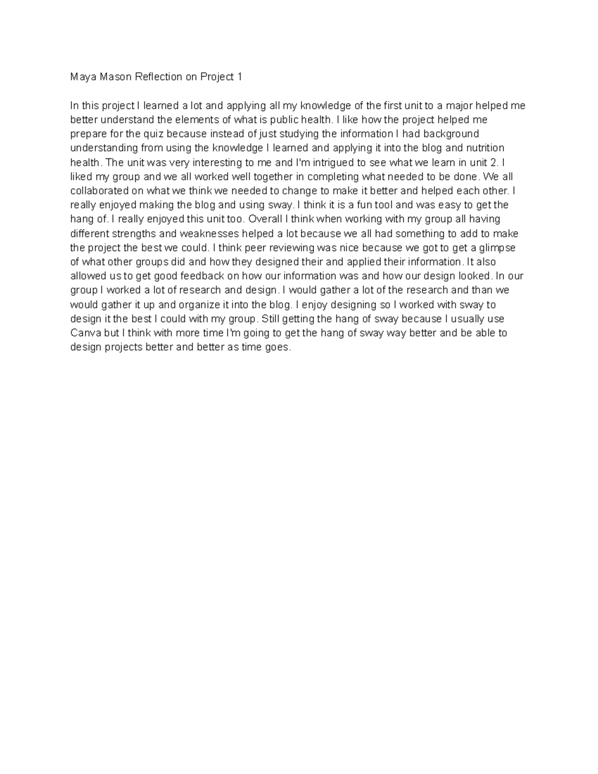 Project 1 reflection - Assignment relfection - Maya Mason Reflection on ...