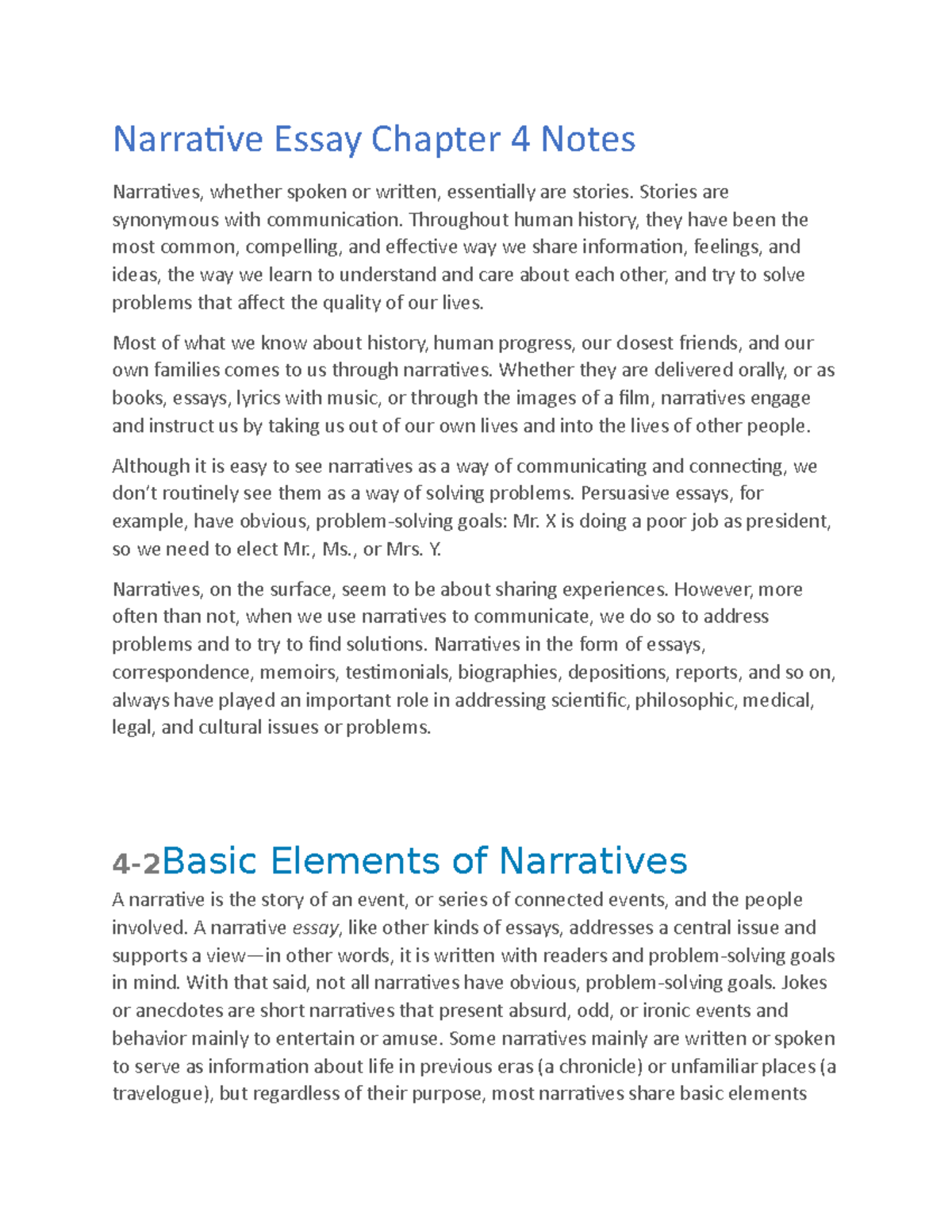 Nartive essay chapter 4 - Narrative Essay Chapter 4 Notes Narratives ...