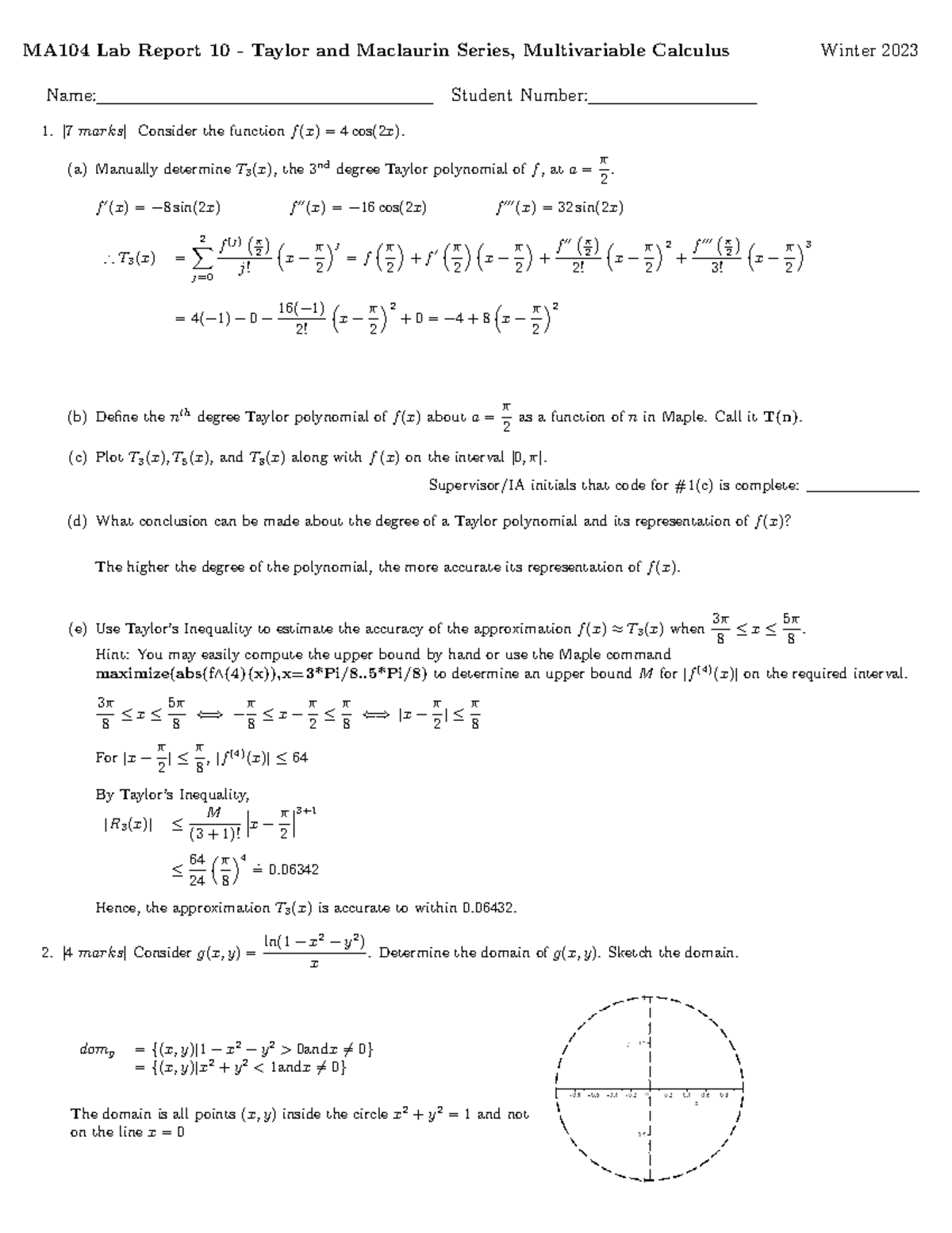 104Lab10Soln - MA104 Lab Report 10 - Taylor and Maclaurin Series ...