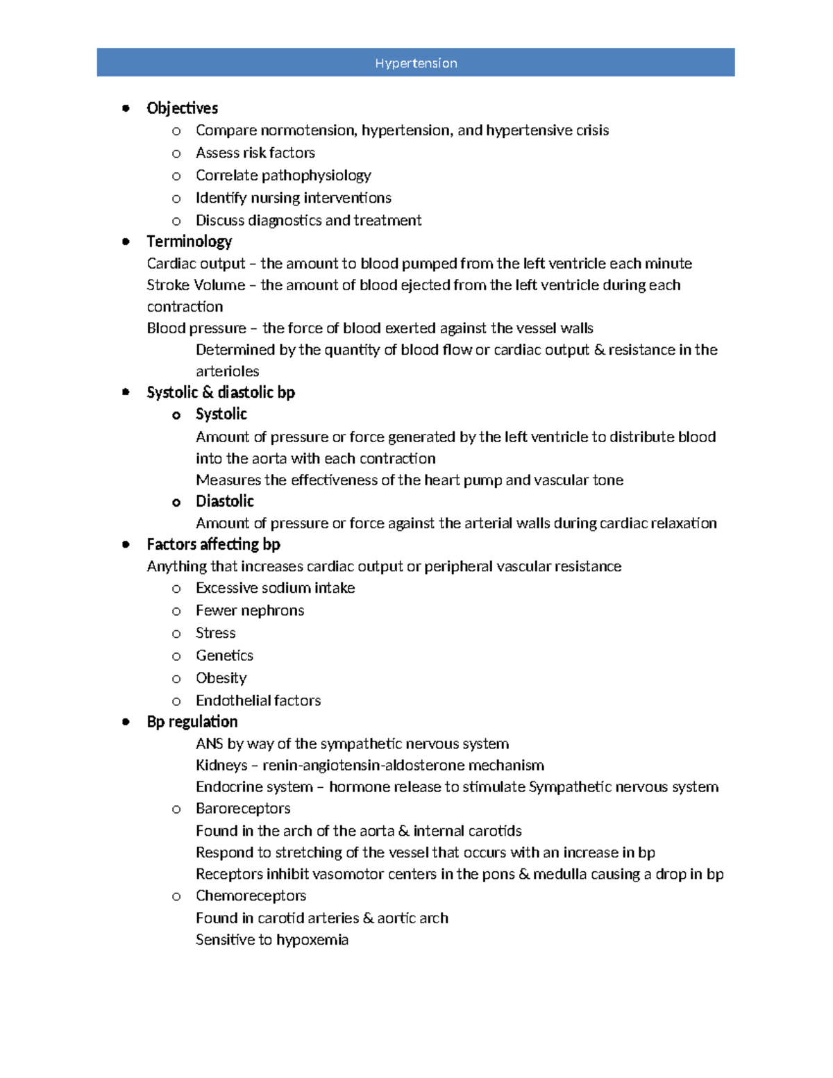 Hypertension - Student - Objectives o Compare normotension ...