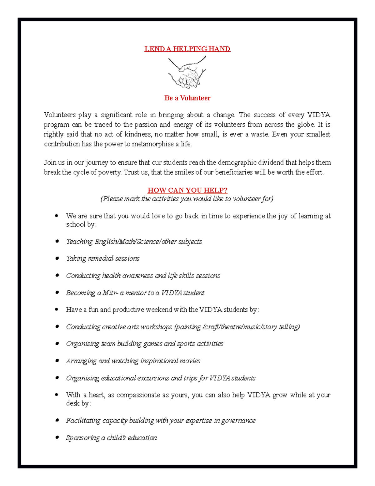 Vidya-India Volunteer Form 2018 - LEND A HELPING HAND Be a Volunteer ...