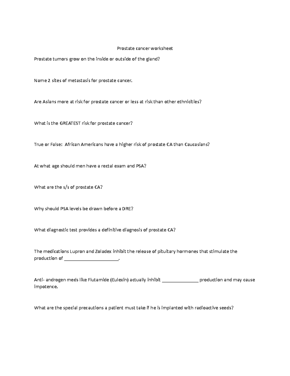Prostate cancer worksheet - Prostate cancer worksheet Prostate tumors ...