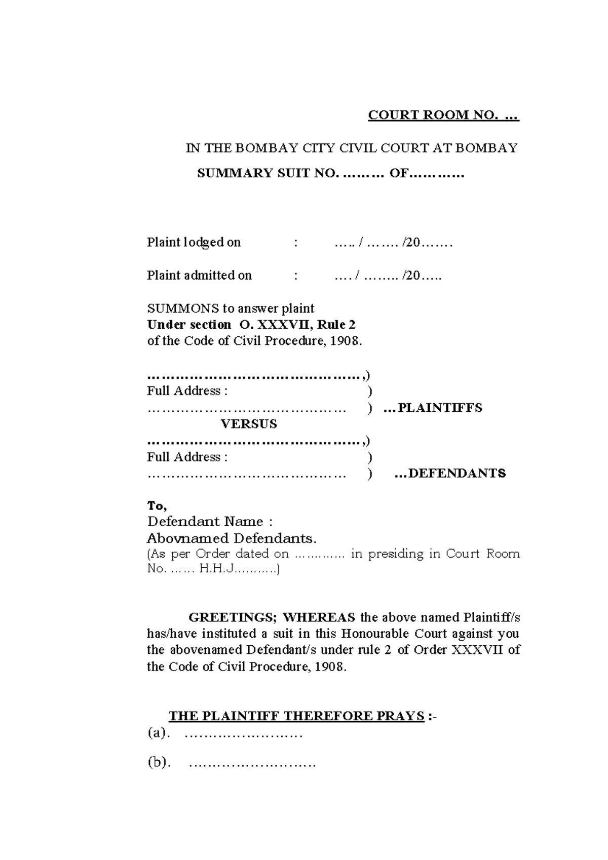 Summary Suit Summons - Blank Format - COURT ROOM NO. ... IN THE BOMBAY ...