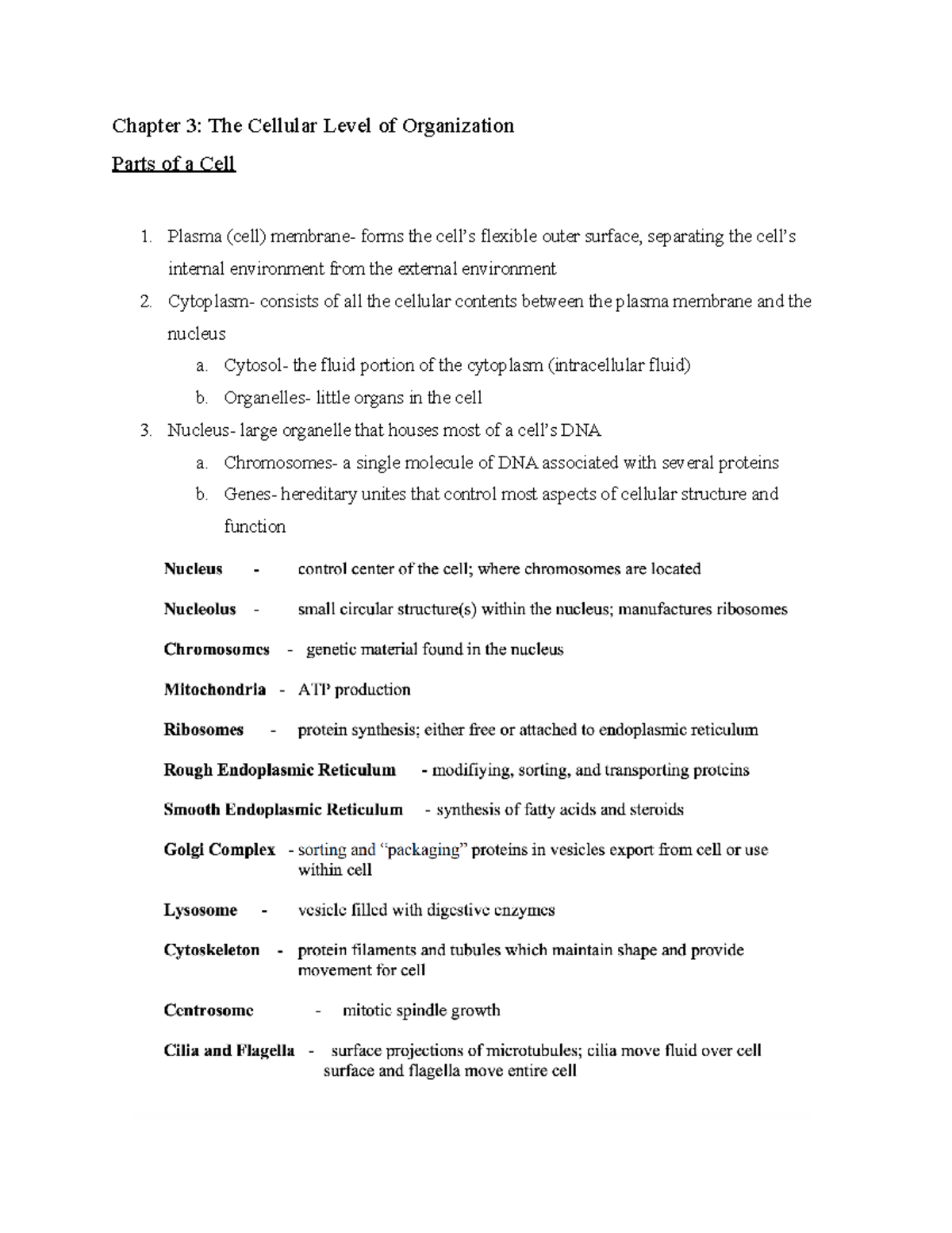 CH 3 Notes Chapter 3 The Cellular Level Of Organization Parts Of A