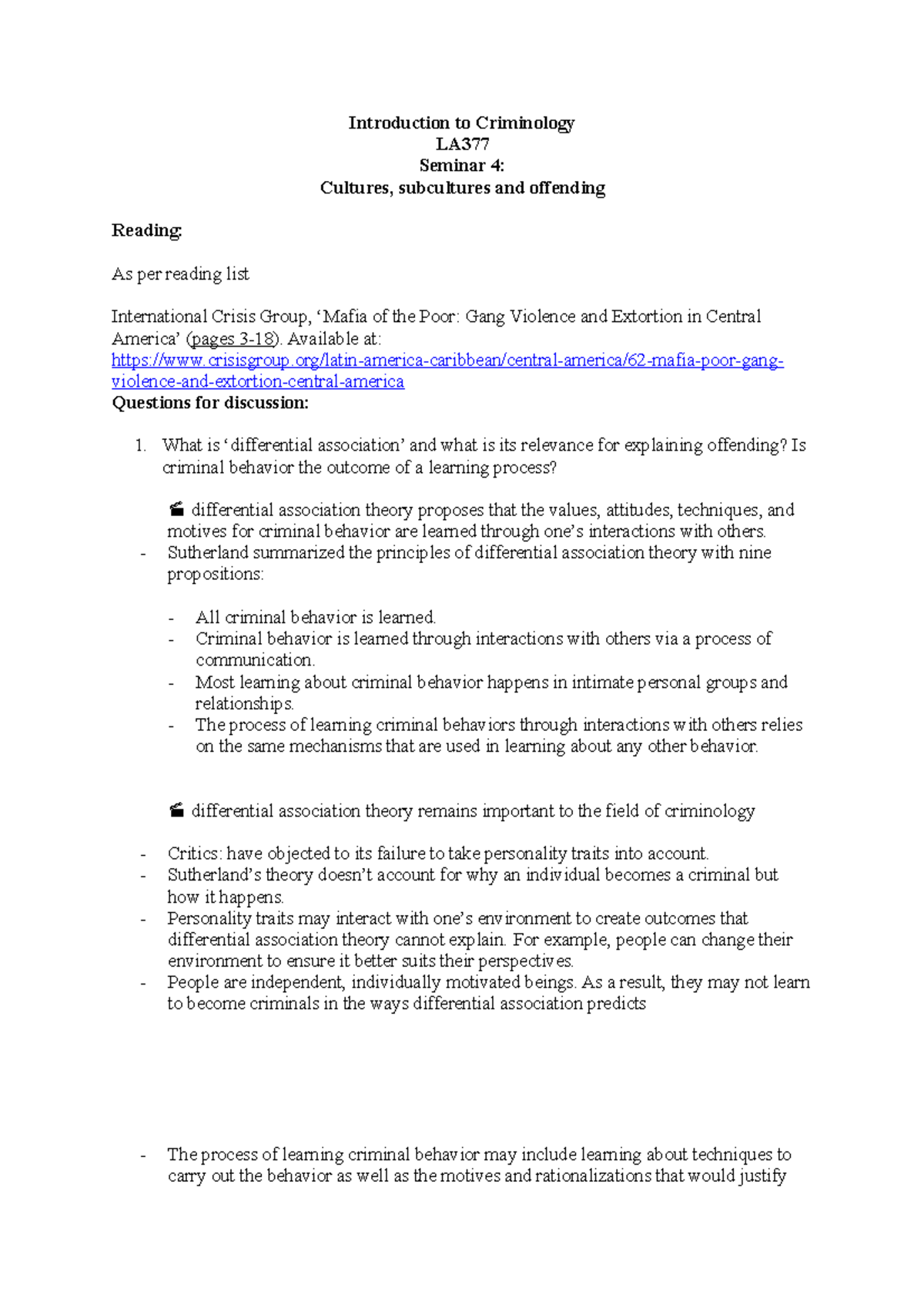 Seminar 4 - Introduction to Criminology LA Seminar 4: Cultures ...